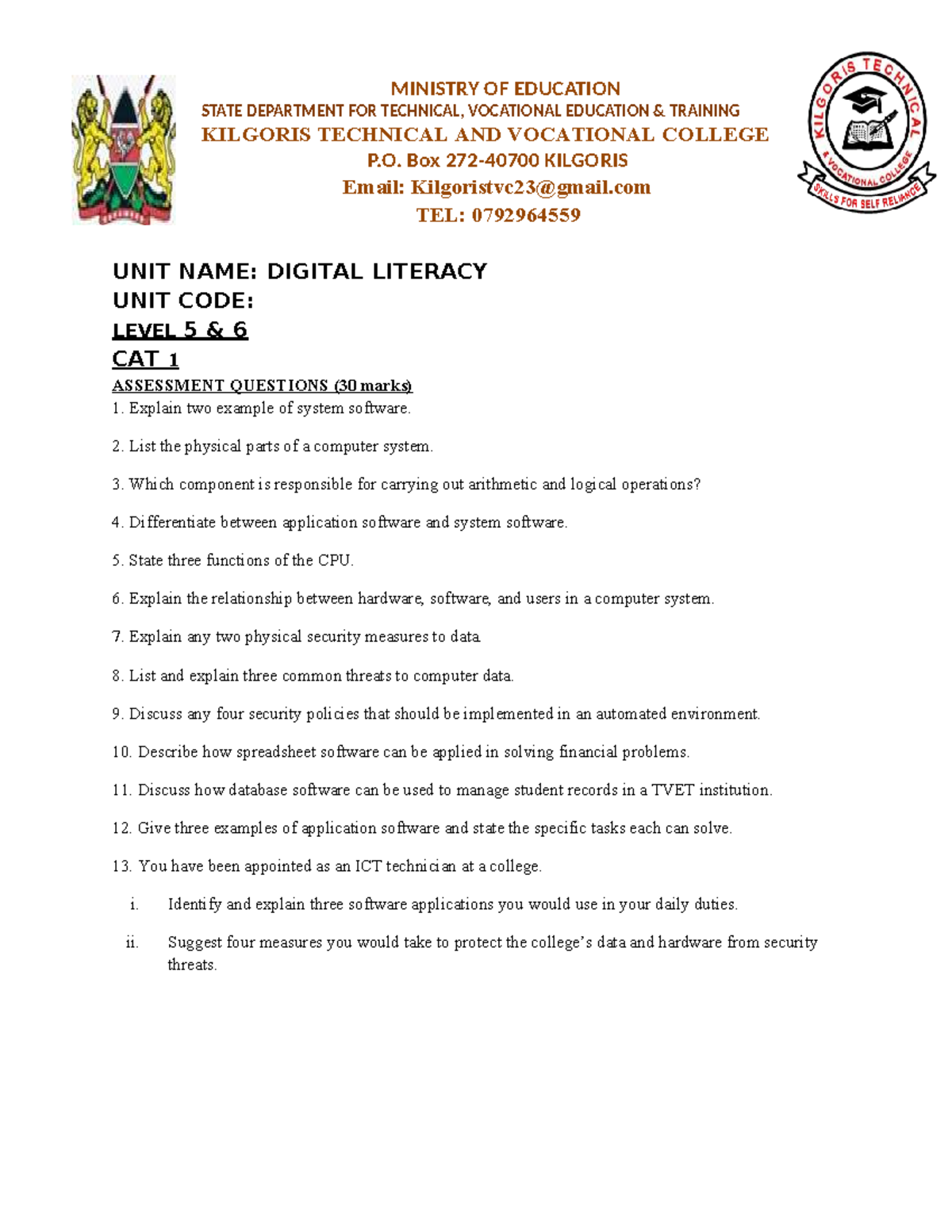 DIGITAL LITERACY UNIT CODE: LEVEL 5 CAT 1 ASSESSMENT QUESTIONS - Studocu