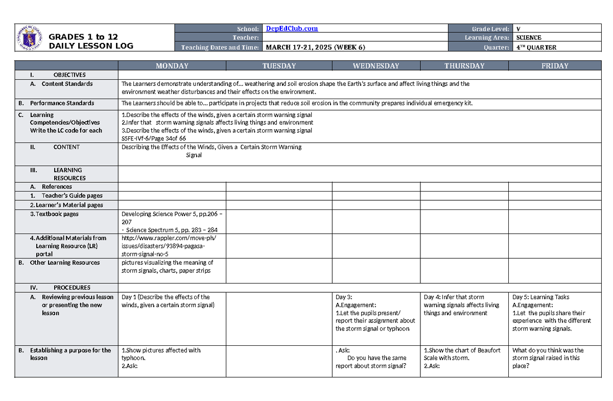 Daily lesson log for science 5: Understanding storm signals and effects ...