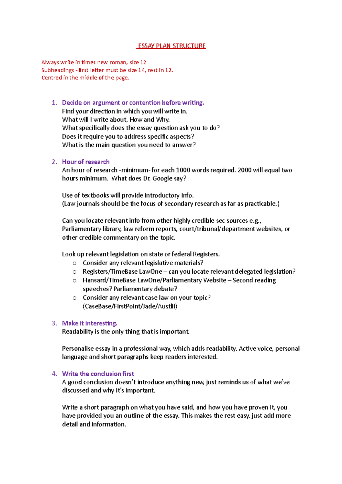 LAW Essay PLAN Structure guide for Assignments/ Exams etc - ESSAY PLAN ...