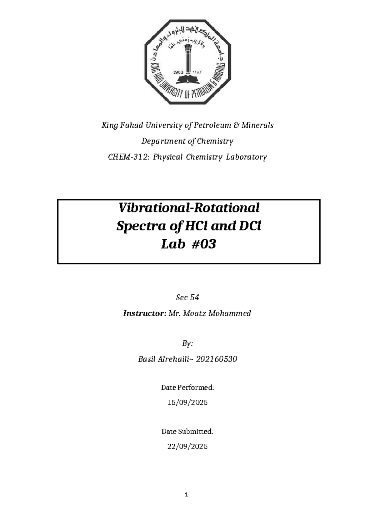 Physical Chemistry Lab 03: Spectra Analysis of HCl and DCl (CHEM 54 ...