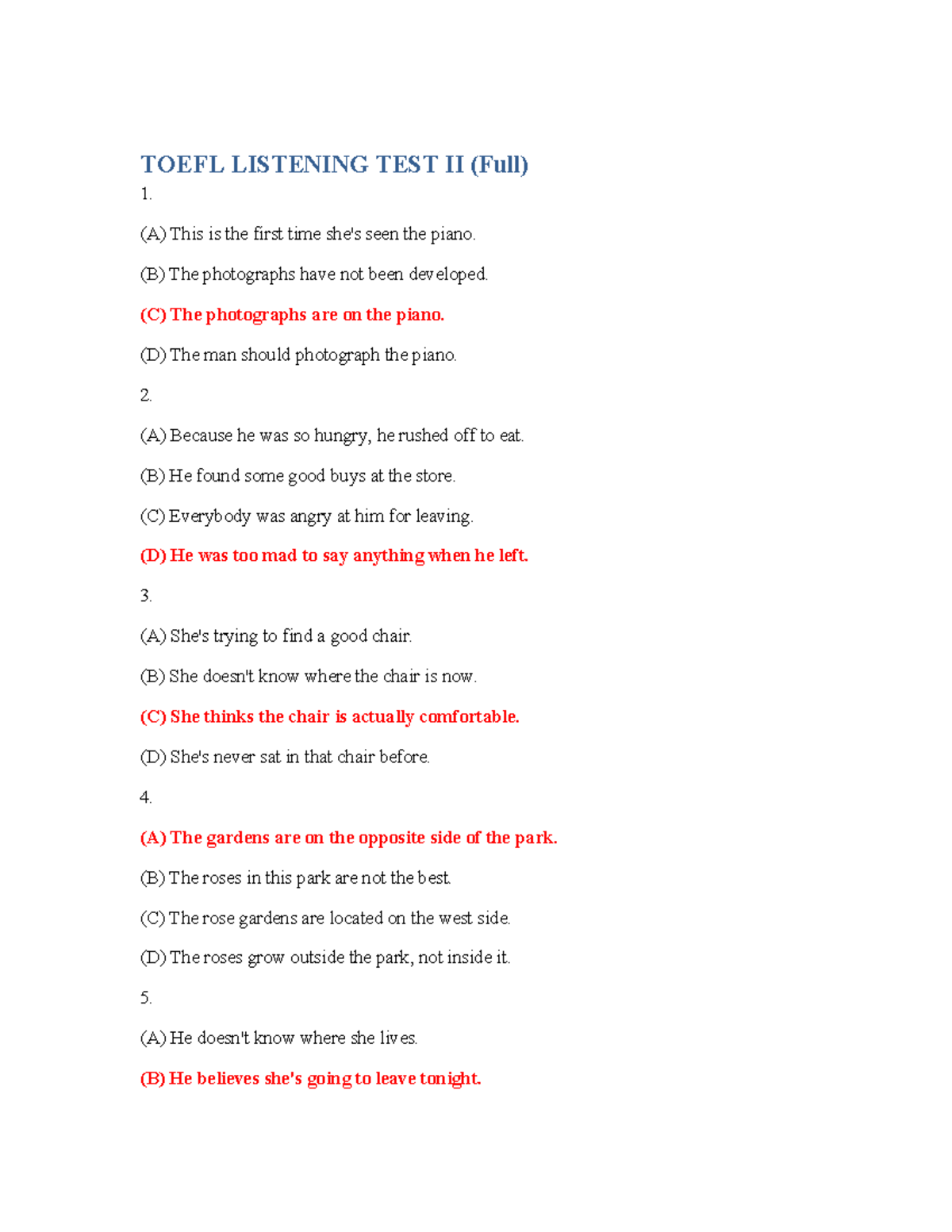TOEFL Listening Test II (Full) - Practice Questions and Answers - Studocu