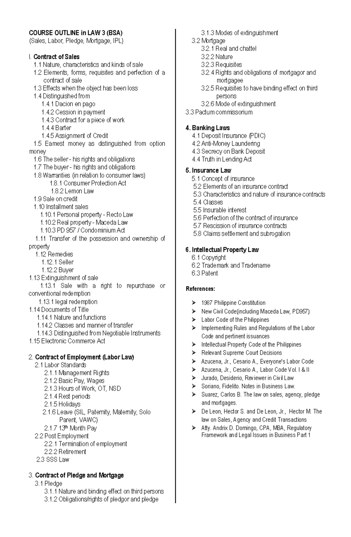 Course Outline for LAW 3 (BSA): Sales, Labor, Pledge, Mortgage, IPL ...