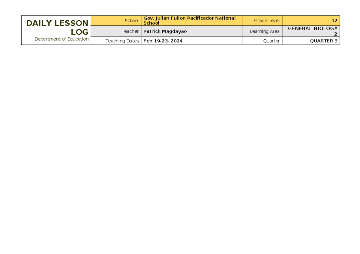 GB2 Q2 WEEK 3 DAILY LESSON LOG: GAS EXCHANGE IN BIOLOGY - Studocu