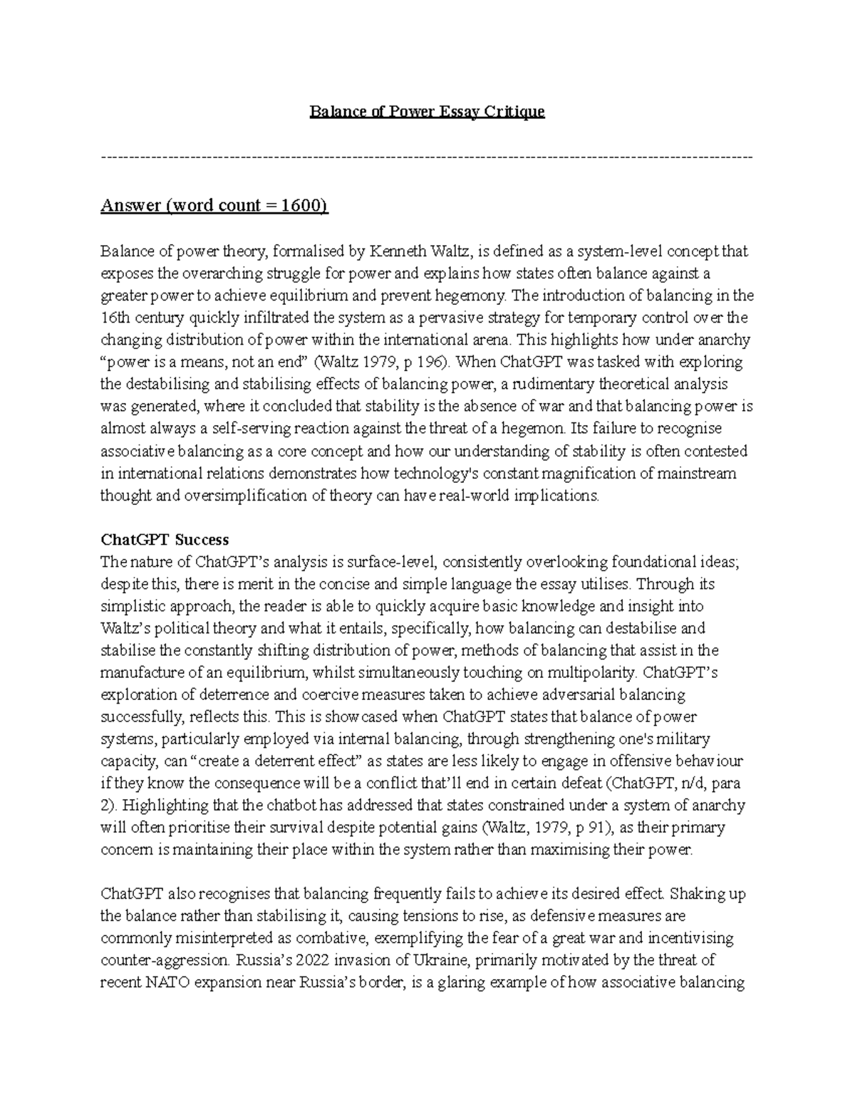 INTP115 - Balance of Power Theory Essay Critique - Studocu