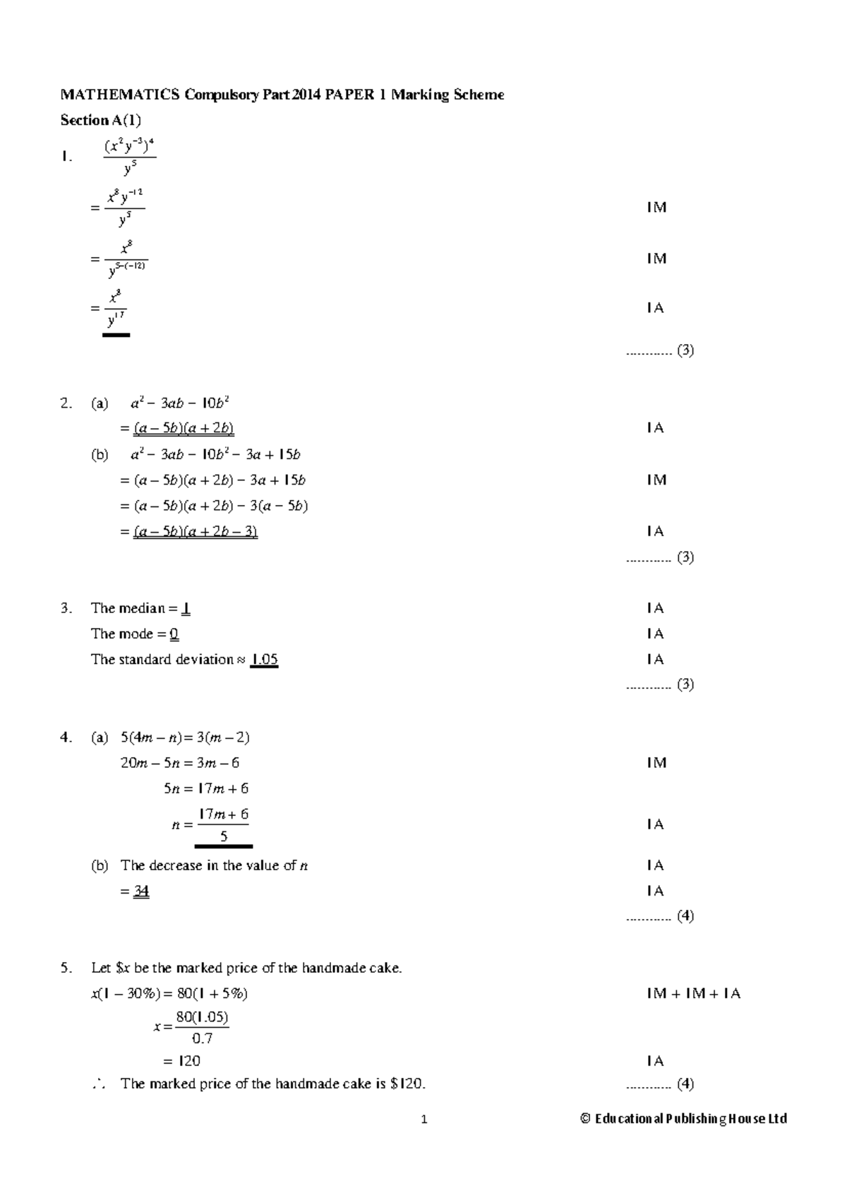 MATHEMATICS 2014 Mock Paper 1 Marking Scheme - Studocu