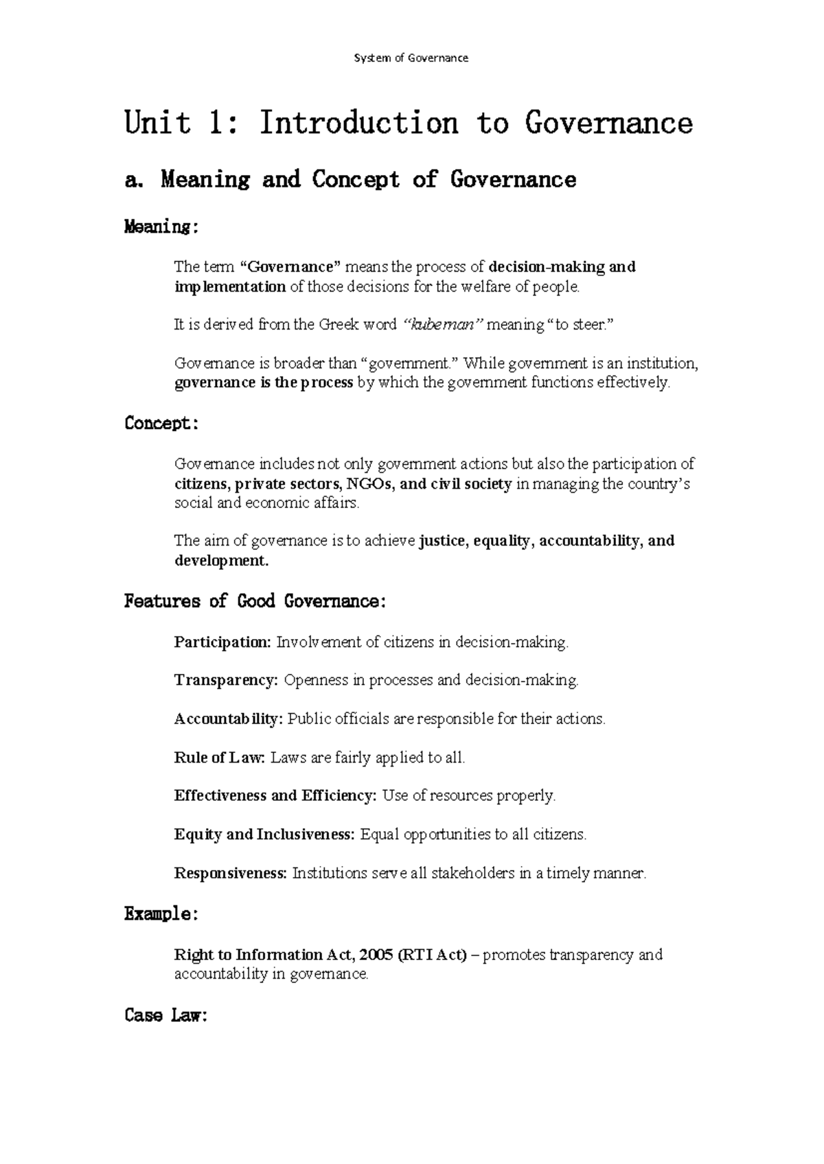 System of Governance: Unit 1 - Introduction to Governance Concepts and ...