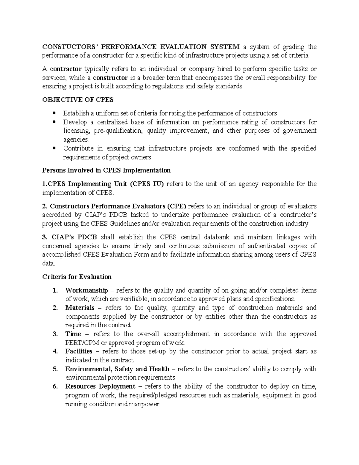 CPES Outline: Performance Evaluation System for Constructors in ...