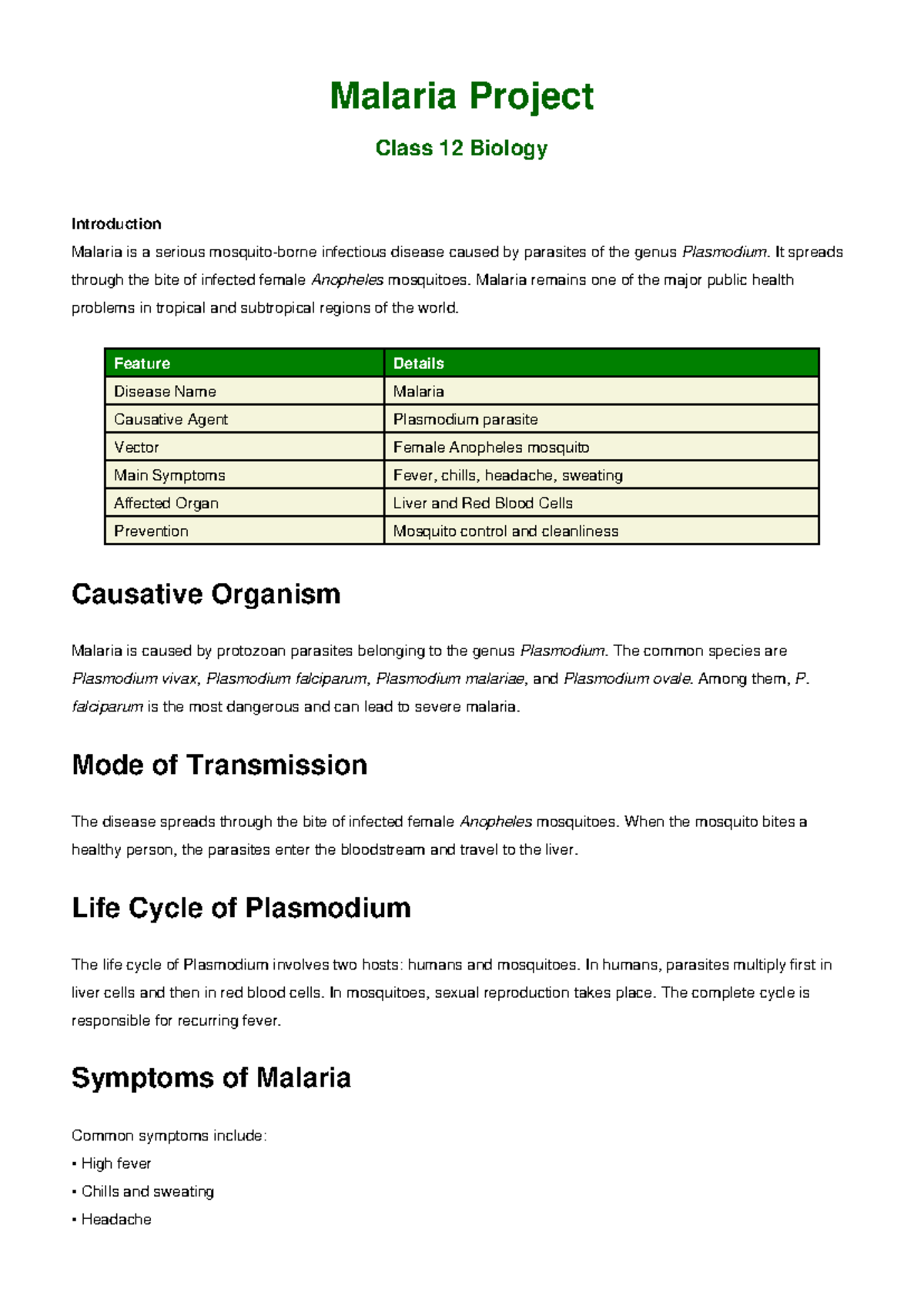 Class 12 Biology Malaria Project: Overview and Key Insights - Studocu