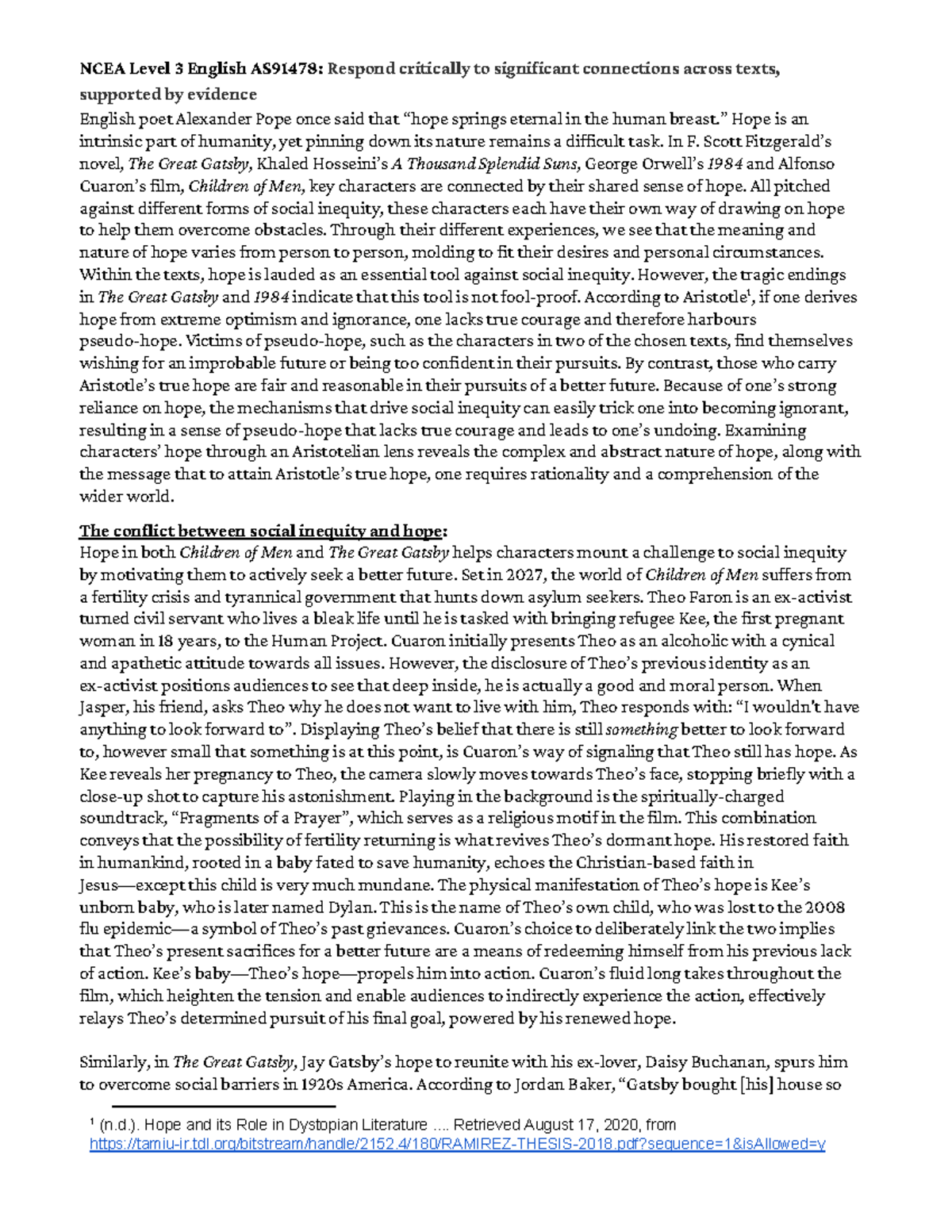 NCEA Level 3 English AS91478: Hope and Social Inequity Across Texts ...