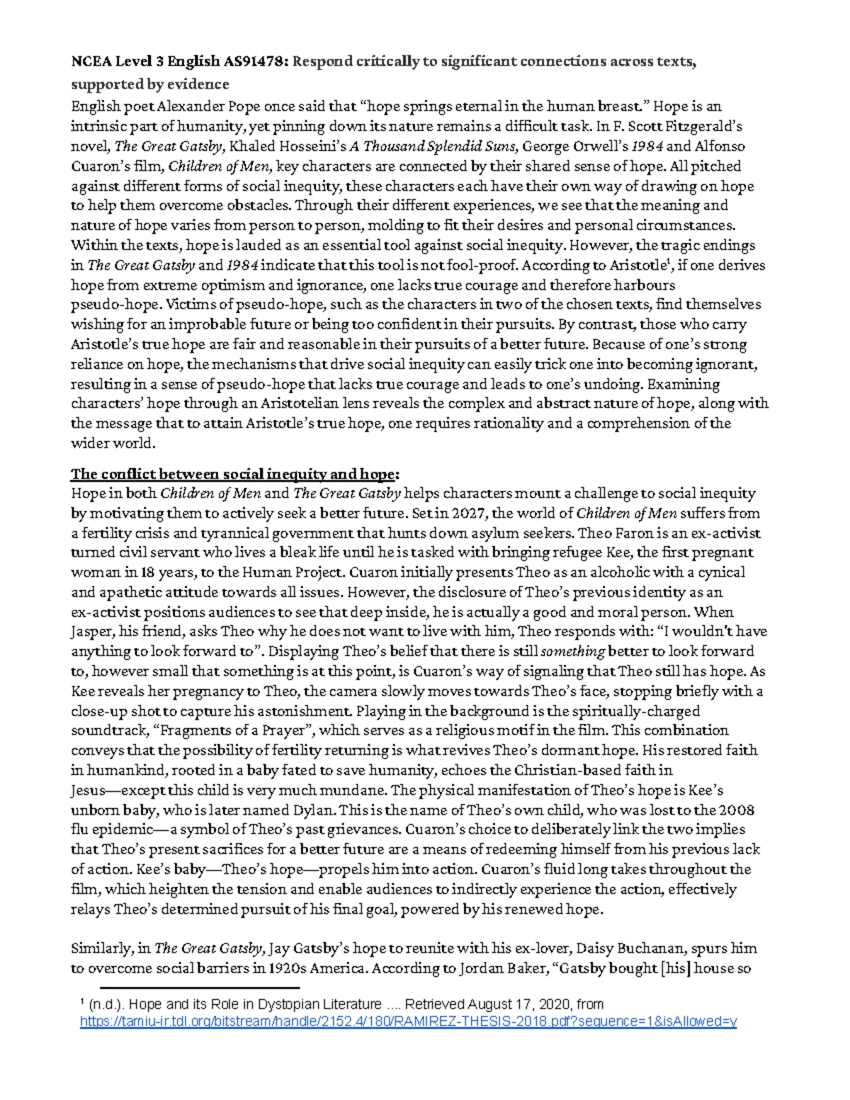 NCEA Level 3 English AS91478 Excellence Exemplar - **NCEA Level 3 ...