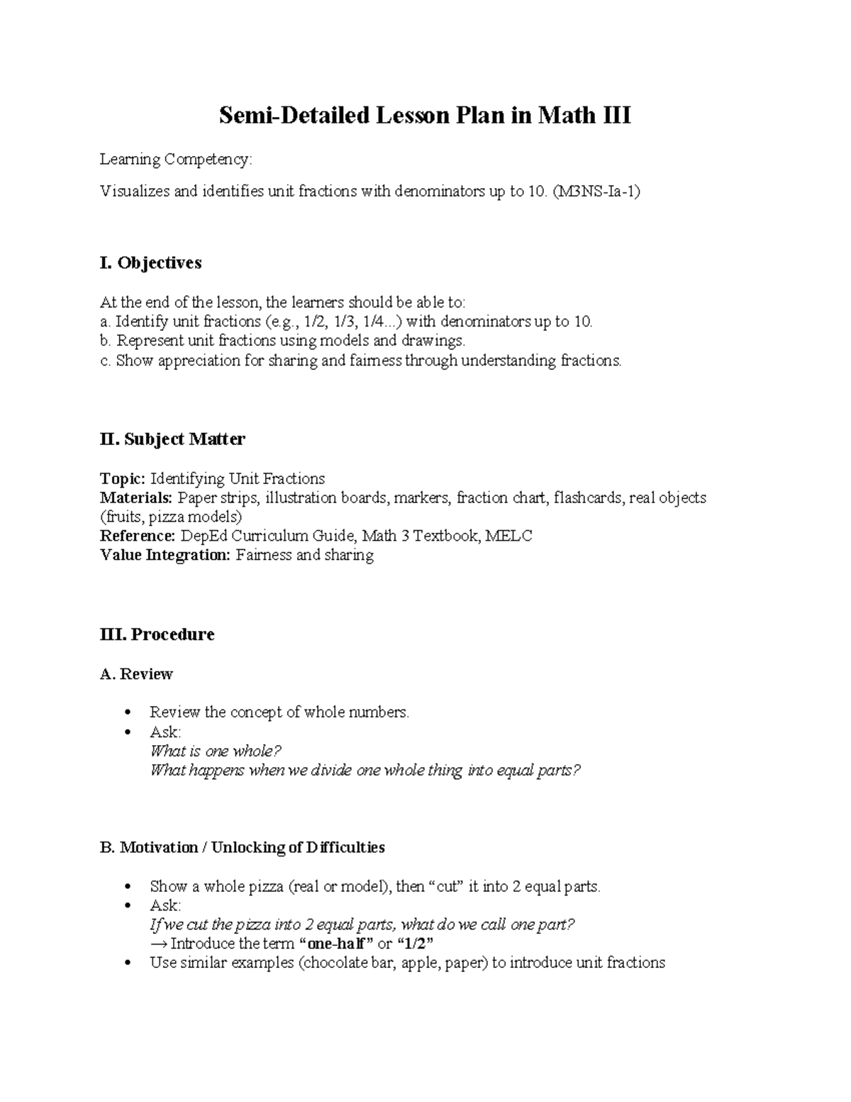 Semi-Detailed Lesson Plan: Unit Fractions in Math III - Studocu