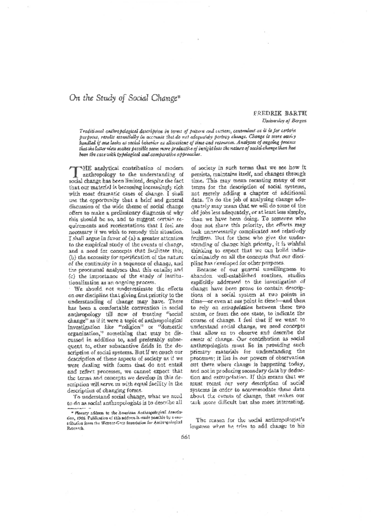 Barth's Analysis of Social Change: Insights from Anthropology - Studocu