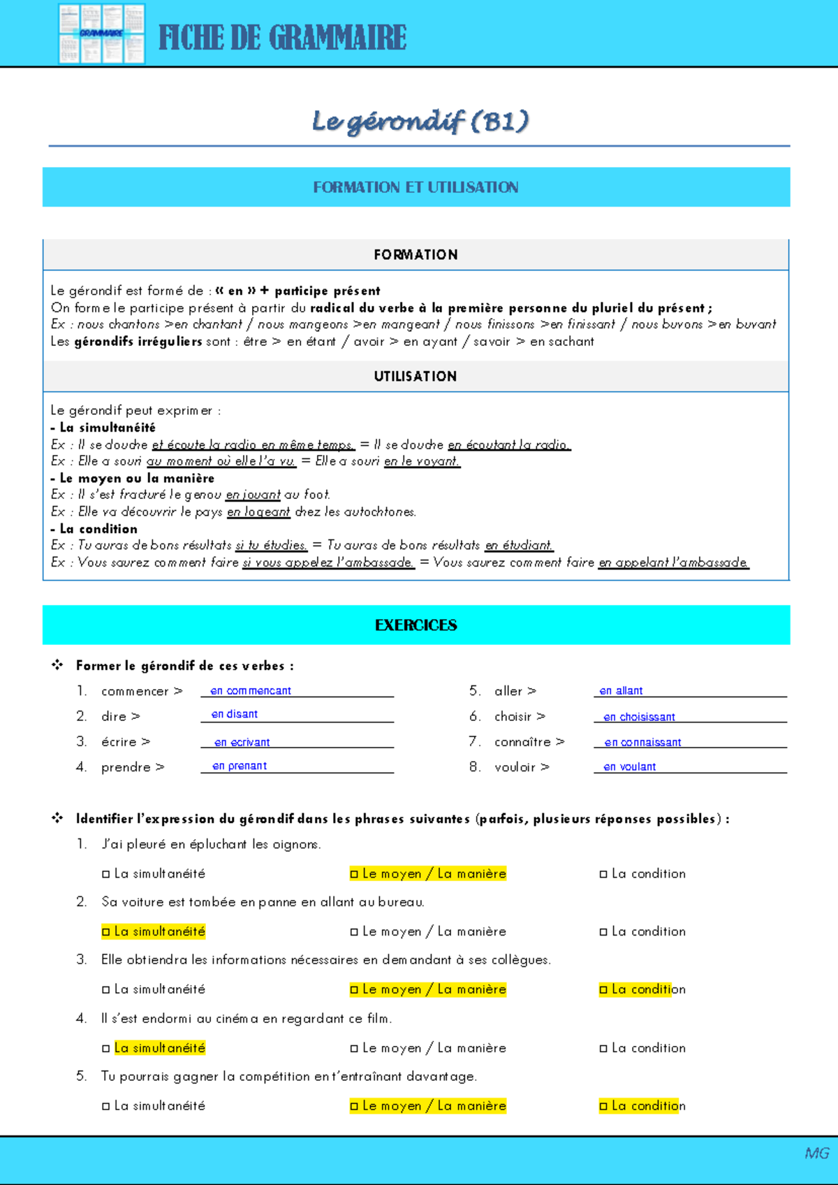 FICHE DE GRAMMAIRE : Le Gérondif en Français (B1) - Studocu