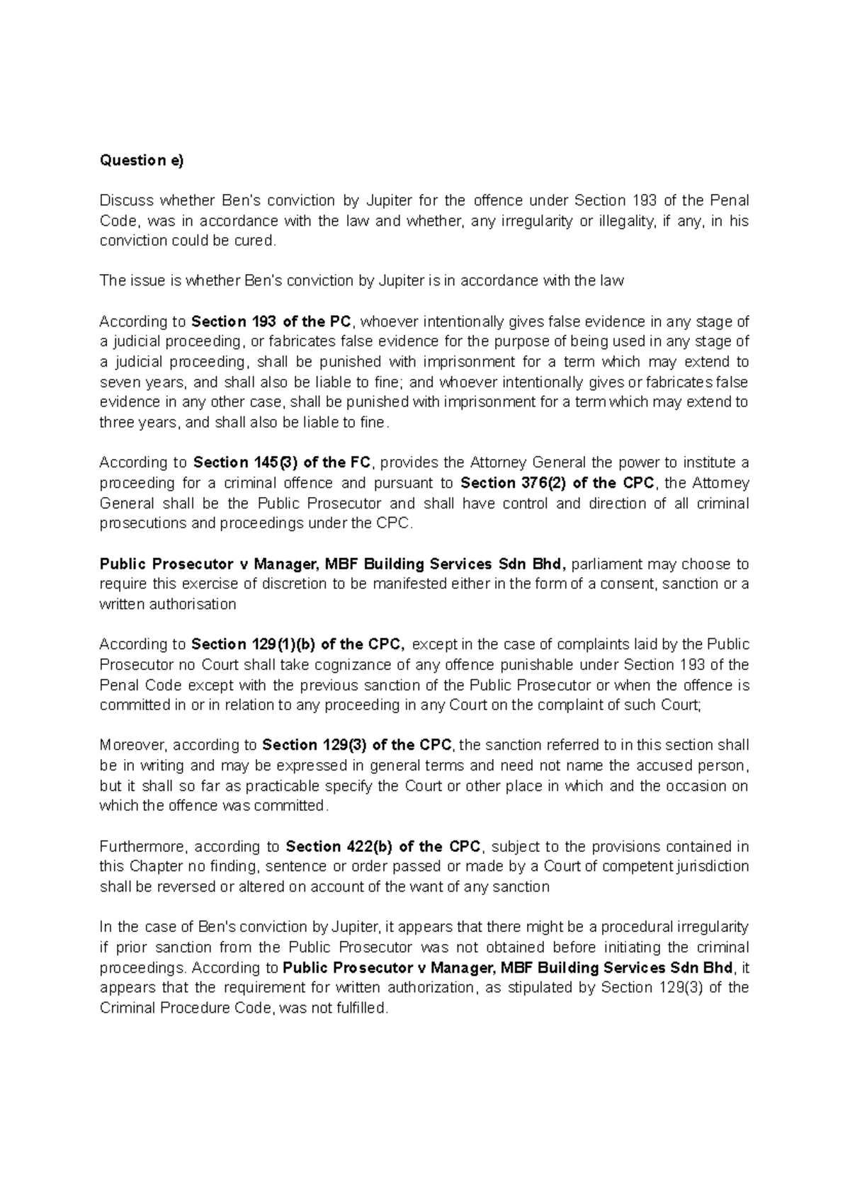 Q2(e) July - Legal Analysis of Ben's Conviction Under S.193 Penal Code ...