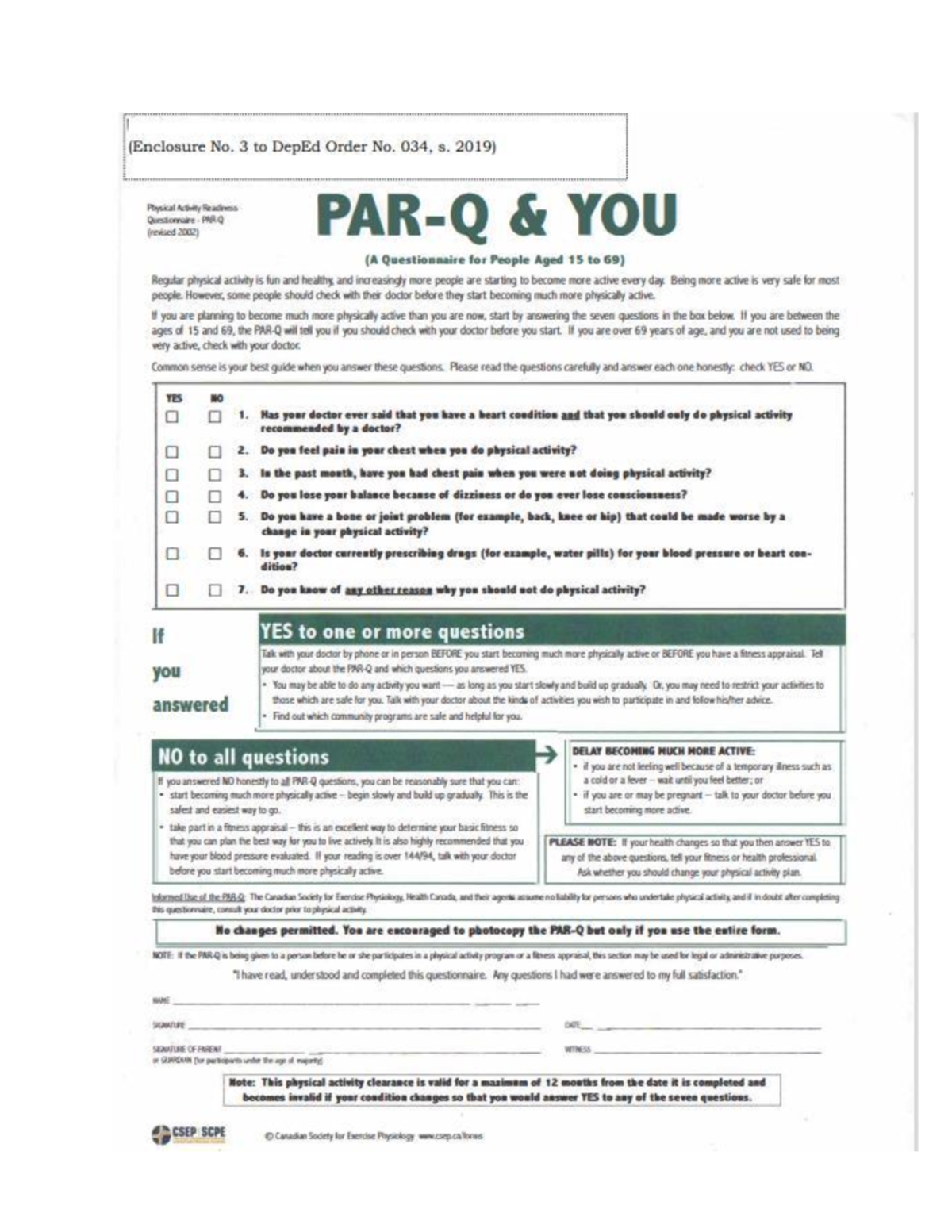 PARQ - Physical Activity Readiness Questionnaire (Revised 2002) - Studocu