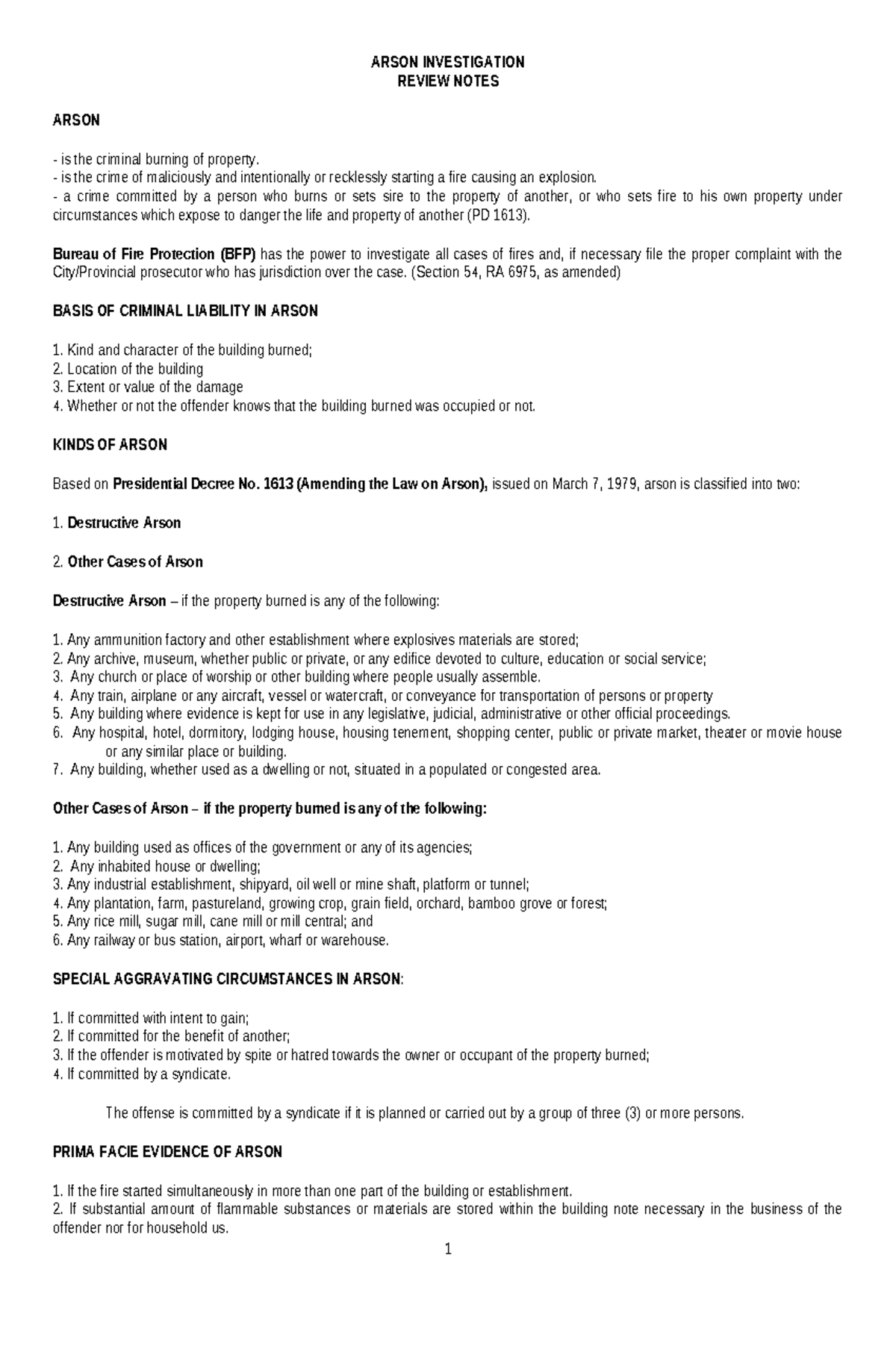 Notes on Arson Investigation (Course Code: AI 101) - Studocu
