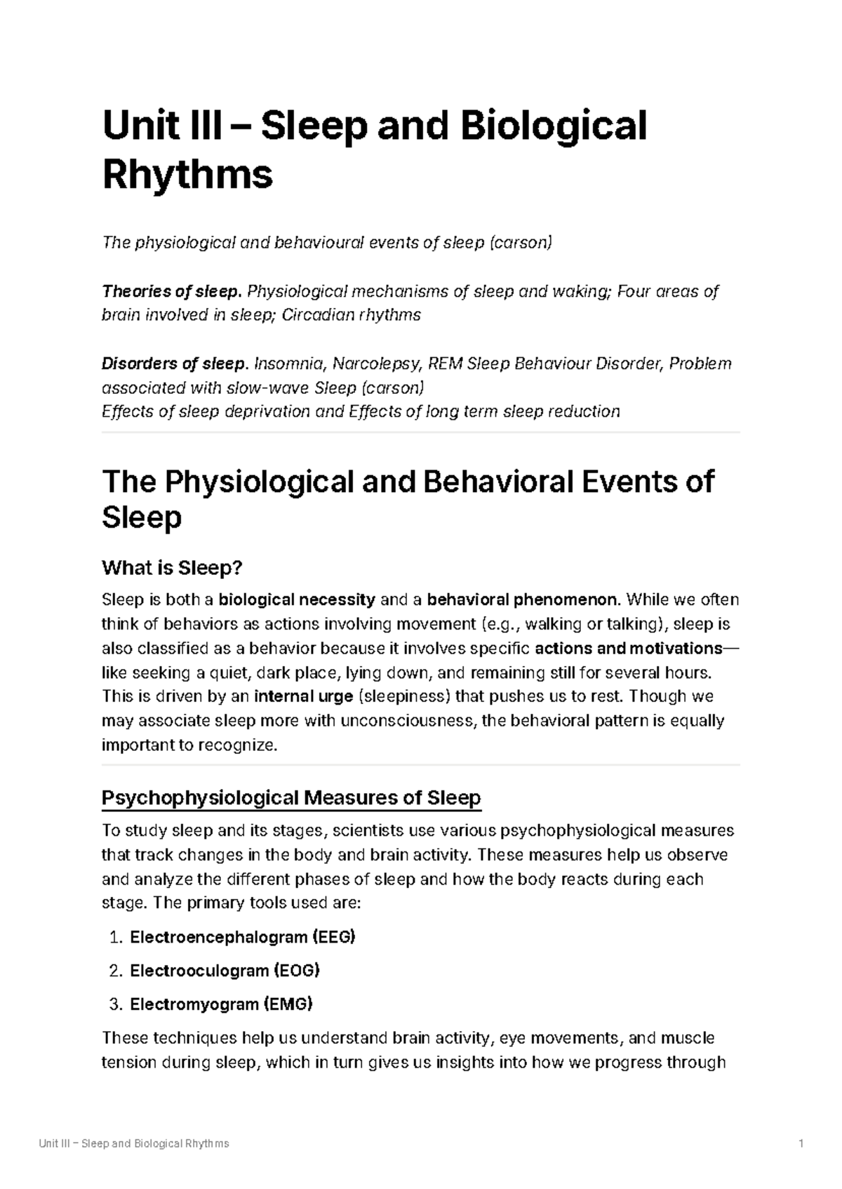 Unit III: Sleep and Biological Rhythms - Theories, Mechanisms, and ...