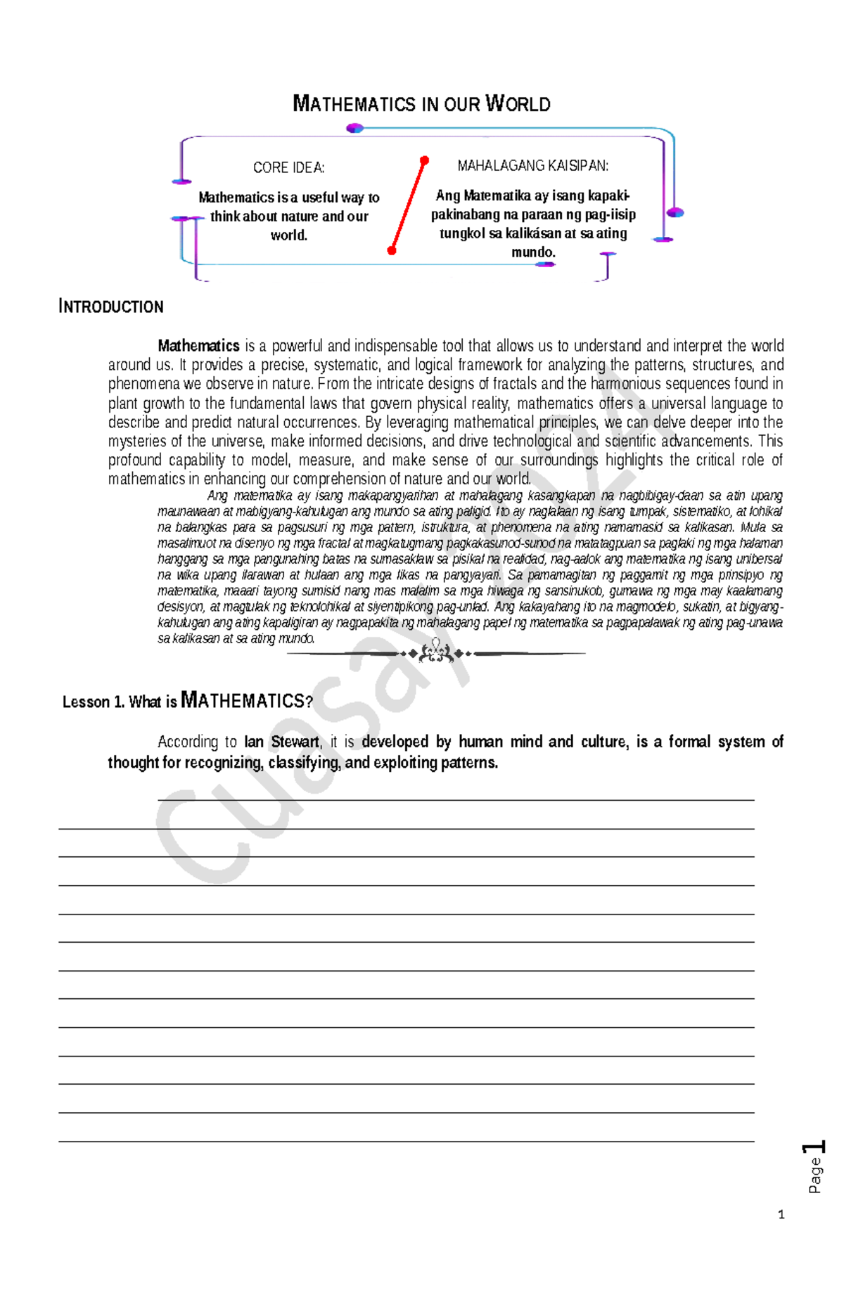 MMW 1 - reviewer - Page 1 MATHEMATICS IN OUR WORLD INTRODUCTION Mathematics is a powerful and ...
