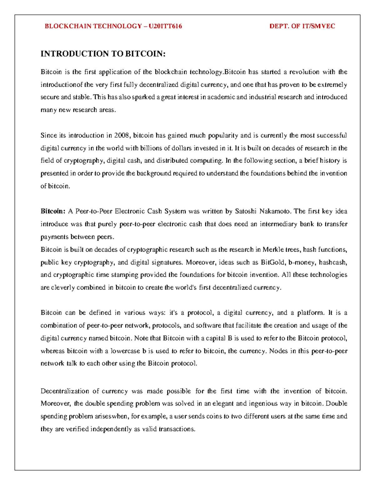 Blockchain Technology U20ITT616: Introduction to Bitcoin and Its Mechanisms - Studocu