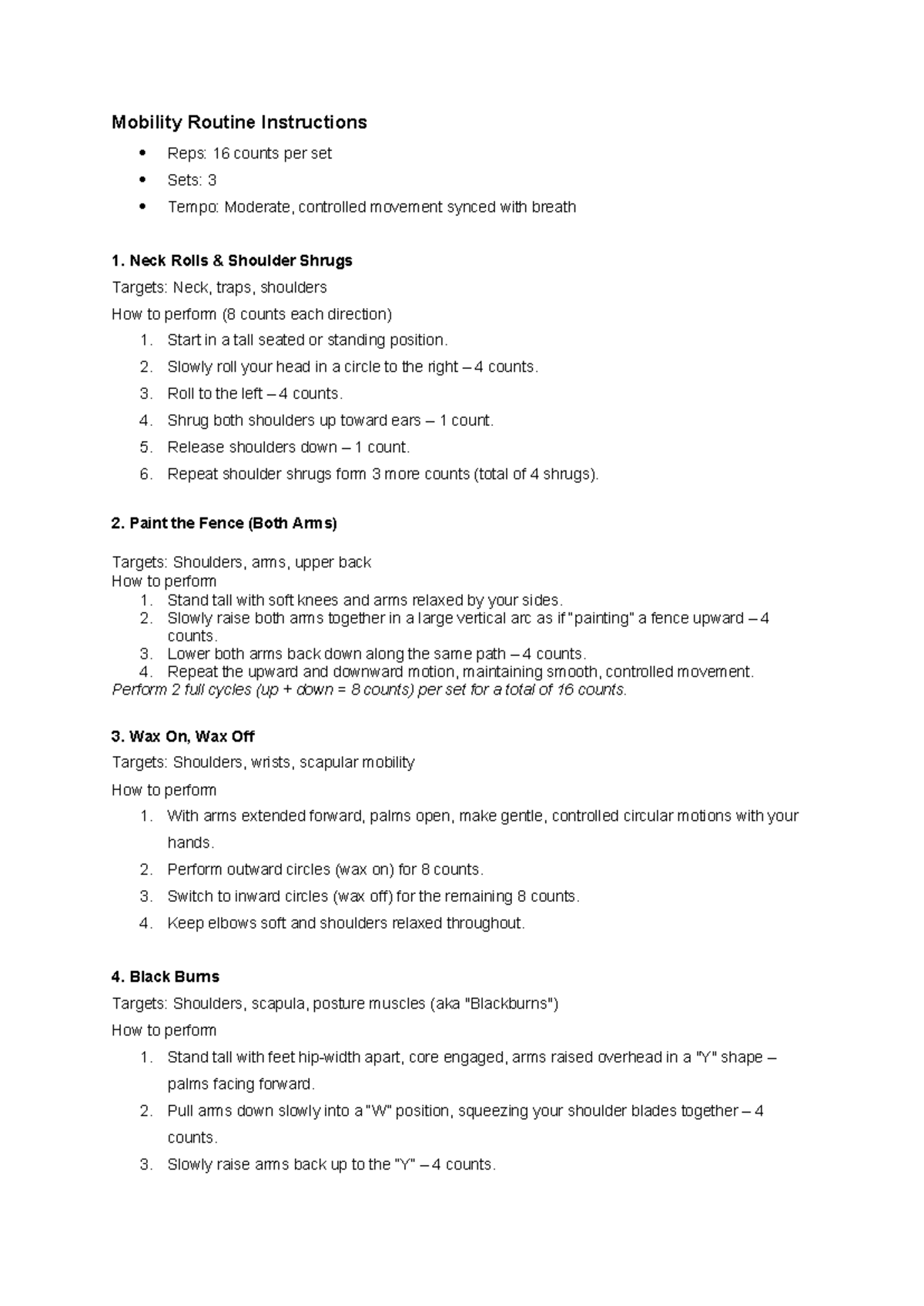 Mobility Exercises Routine: 16 Counts, 3 Sets, Moderate Tempo - Studocu