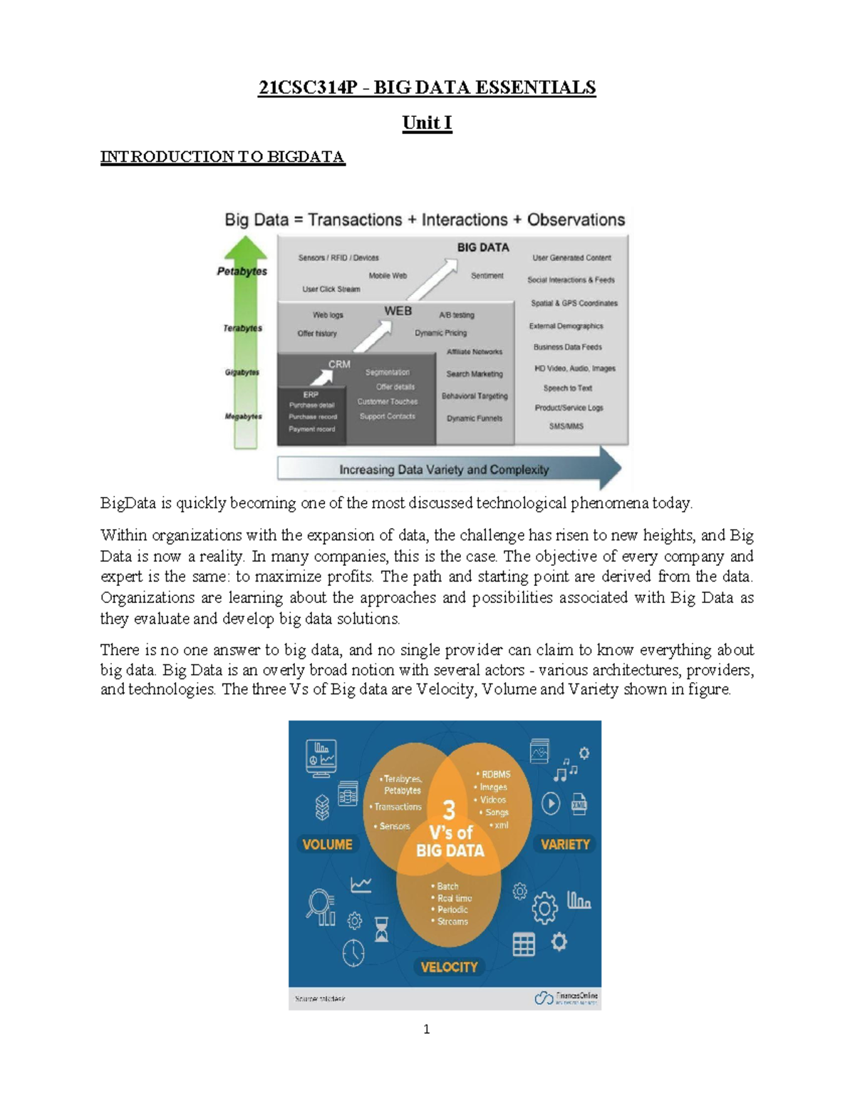 21CSC314P BIG DATA ESSENTIALS Unit I: Intro to Big Data Concepts - Studocu