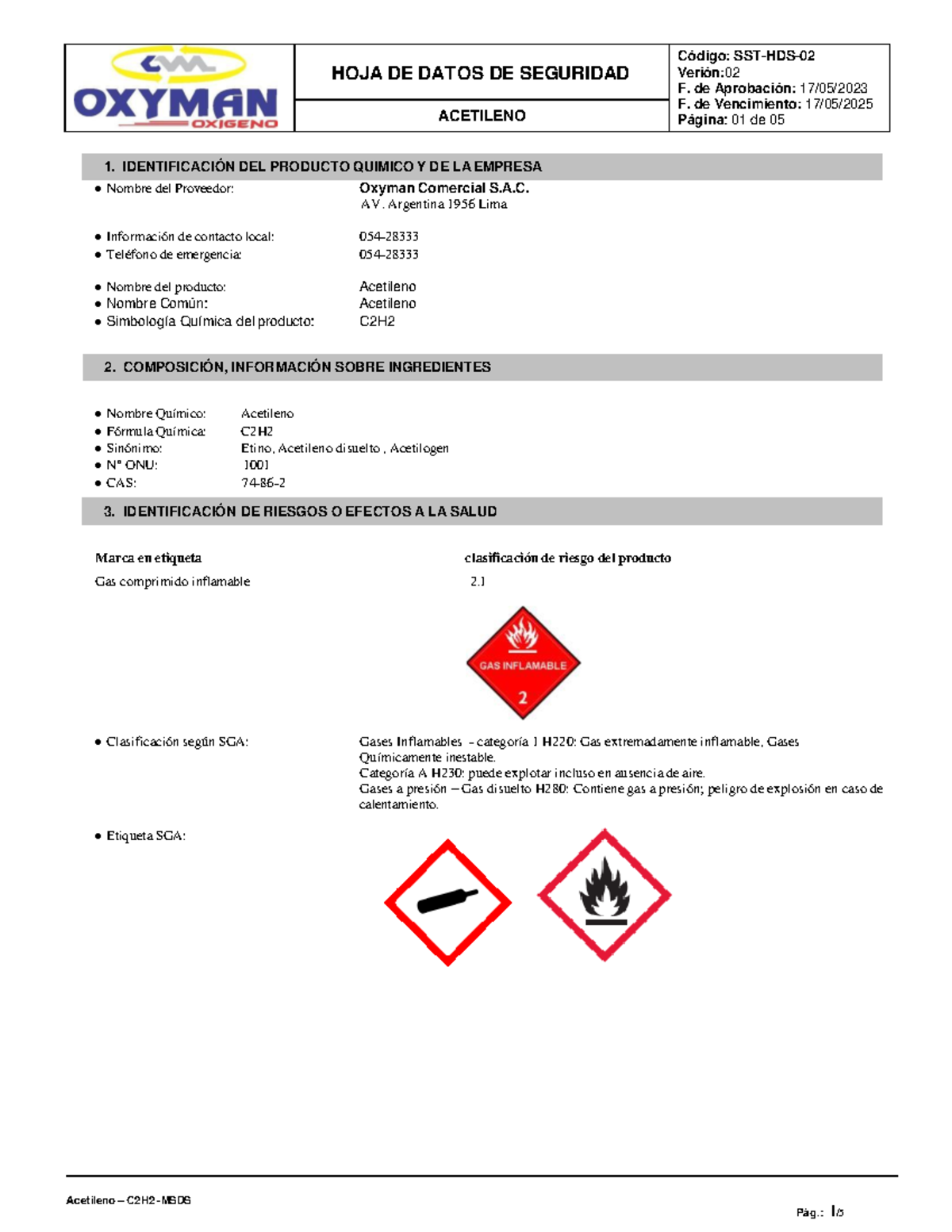 Acetileno - hoja de seguridad - Acetileno – C2H2 - MSDS 2. COMPOSICIÓN, INFORMACIÓN SOBRE - Studocu