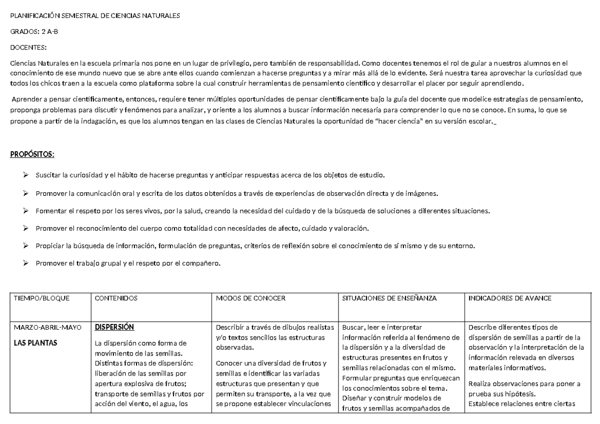 Planificación Semestral de Ciencias Naturales 2° Grado - Docentes - Studocu