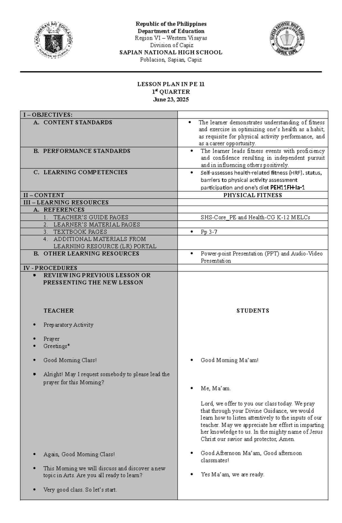 PE 11 1st Quarter Lesson Plan: Fitness & Health Concepts - Studocu