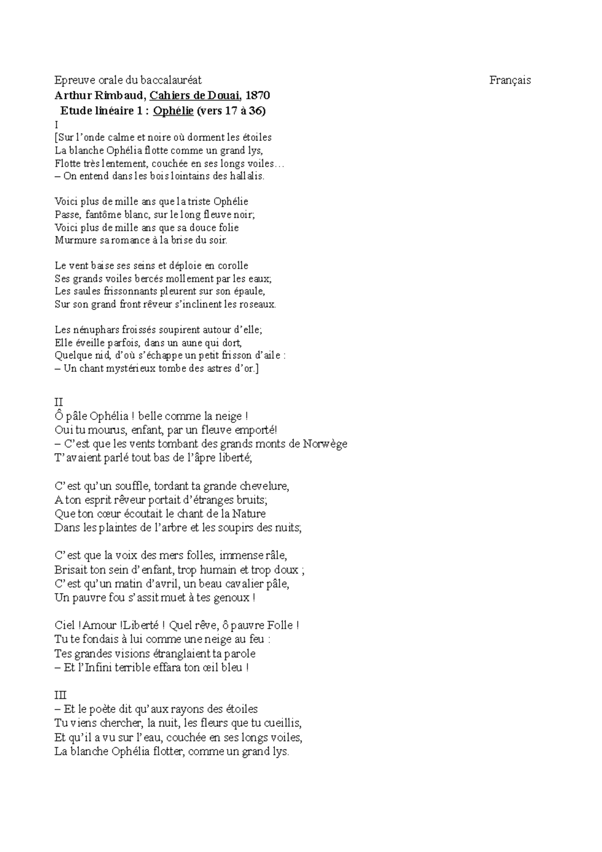 Étude linéaire : Ophélie (Rimbaud) - Epreuve orale du Bac 1870 - Studocu