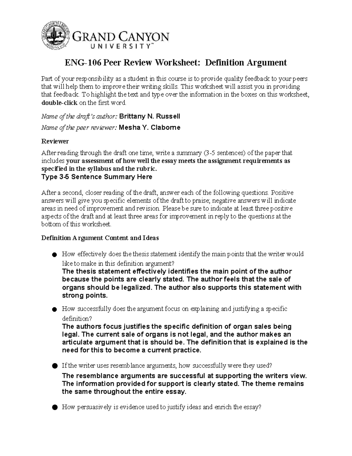 ENG106 Peer Review Worksheet: Definition Argument Feedback Guide - Studocu