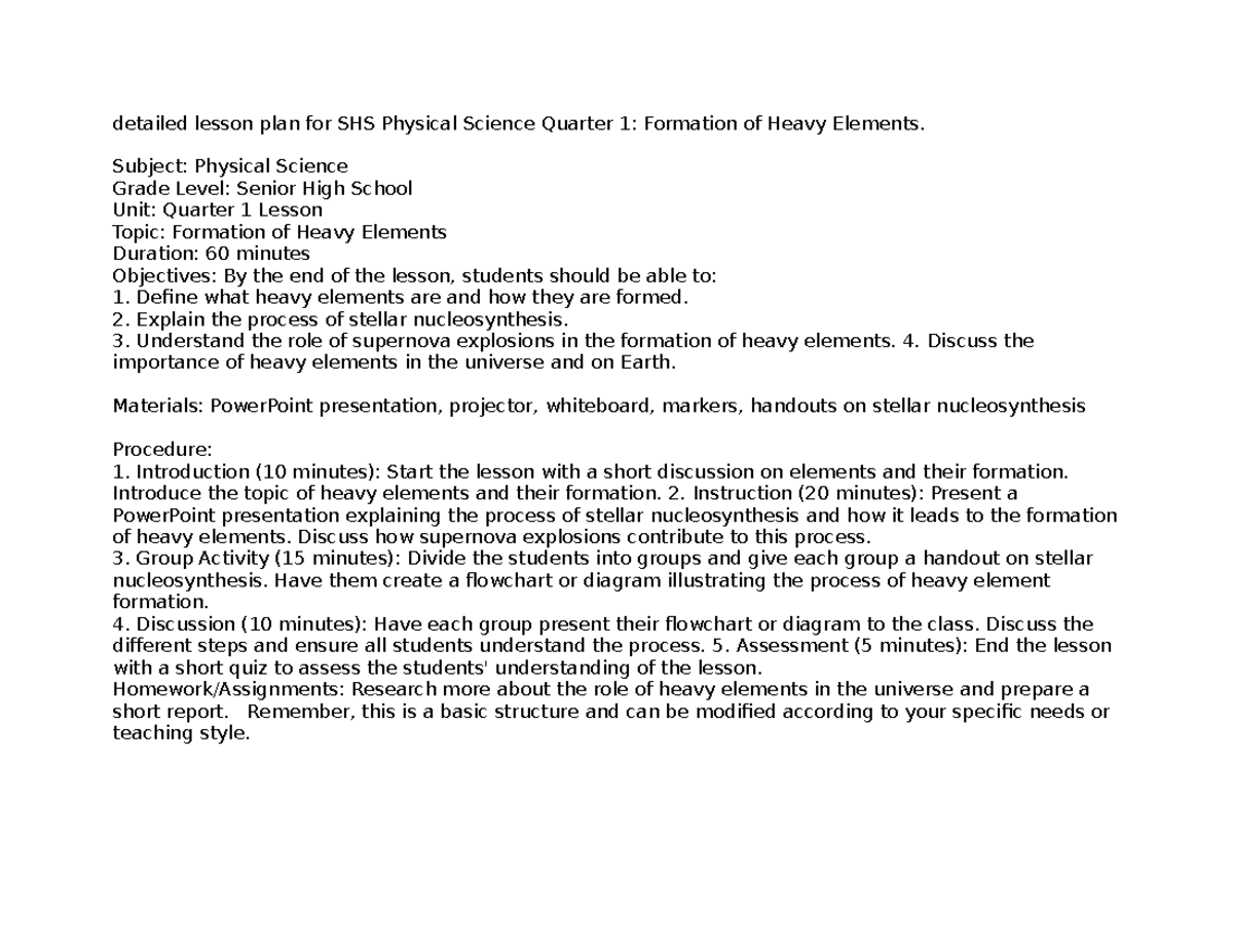 SHS Physical Science Quarter 1 Lesson Plan: Formation of Heavy Elements ...