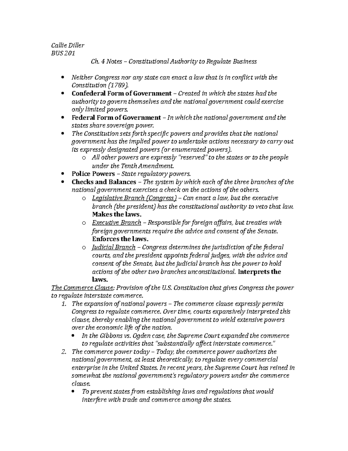 BUS 201 - Ch. 4 Notes - Callie Diller BUS 201 Ch. 4 Notes ...