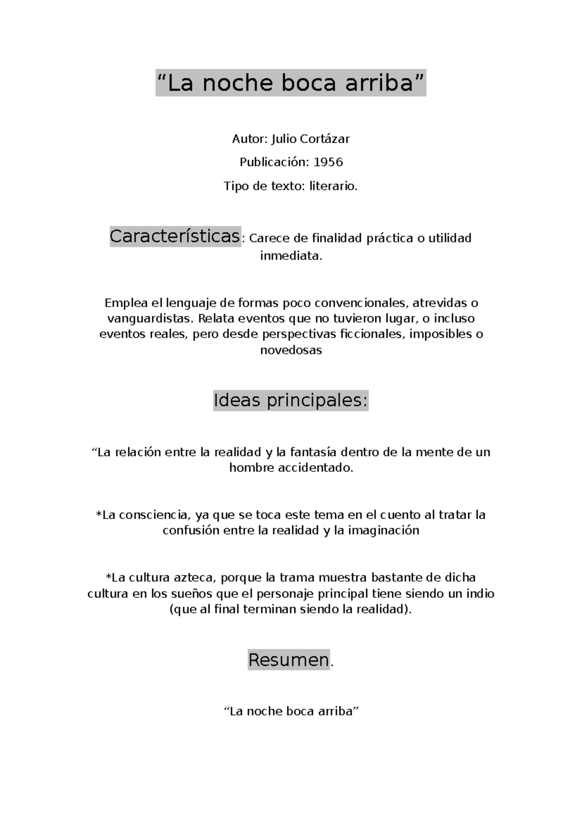 M02S2AI3 - Análisis de "La noche boca arriba" de Julio Cortázar - Studocu