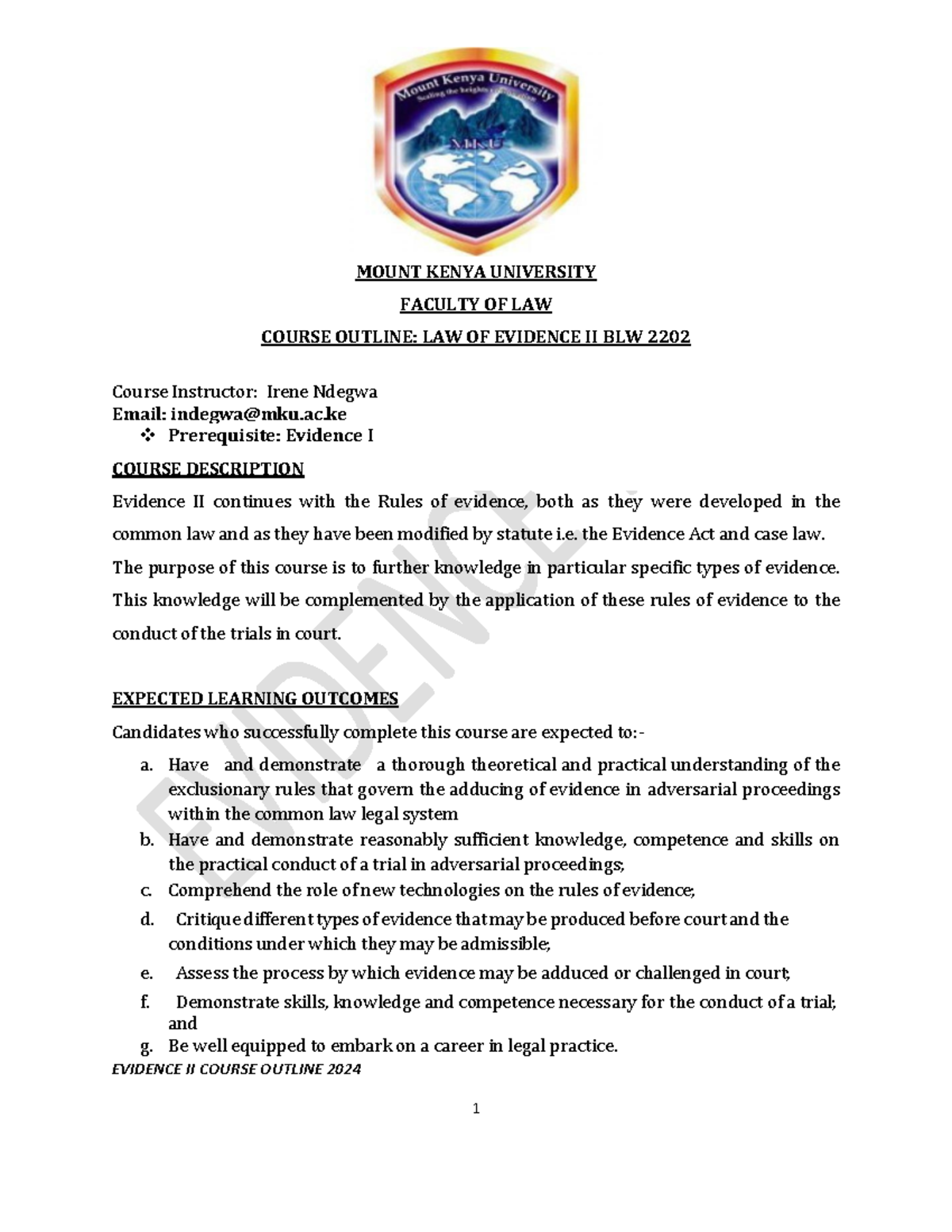 Course Outline: LAW OF EVIDENCE II BLW 2202 (2024) - Studocu