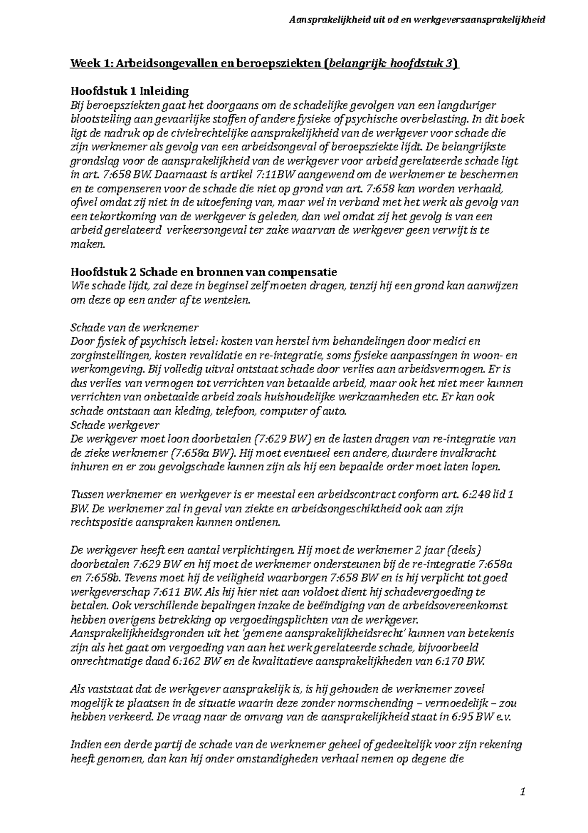 Samenvatting Aansprakelijkheid & Beroepsziekten - Week 1 en 2 - Studeersnel