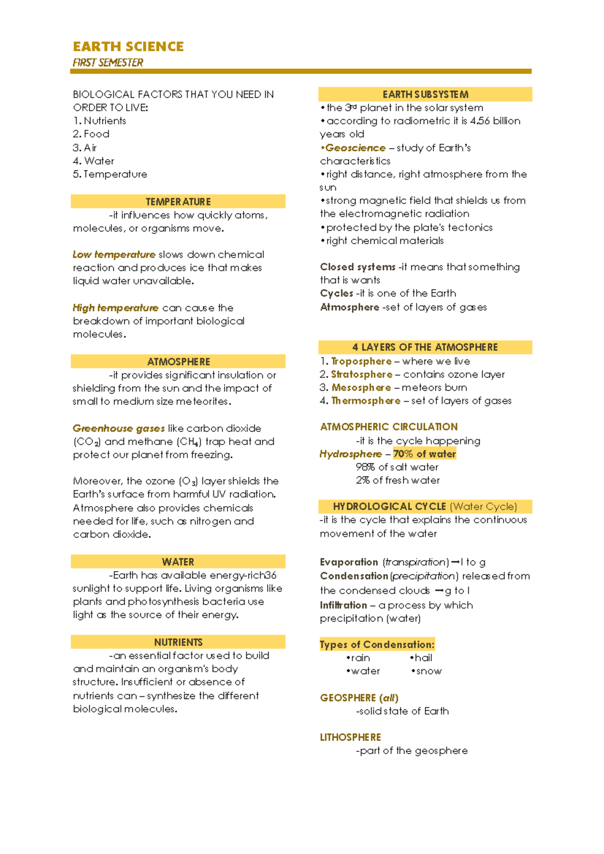 Earth Science 1ST SEM - Comprehensive Study Notes on Key Concepts - Studocu