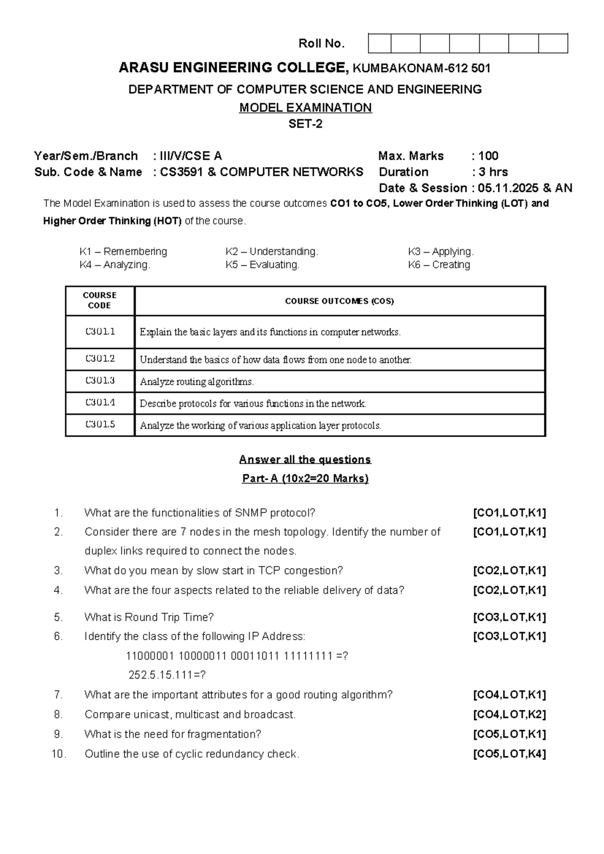 Model Exam Paper: CS3591 Computer Networks - CSE A Set 2 - Studocu