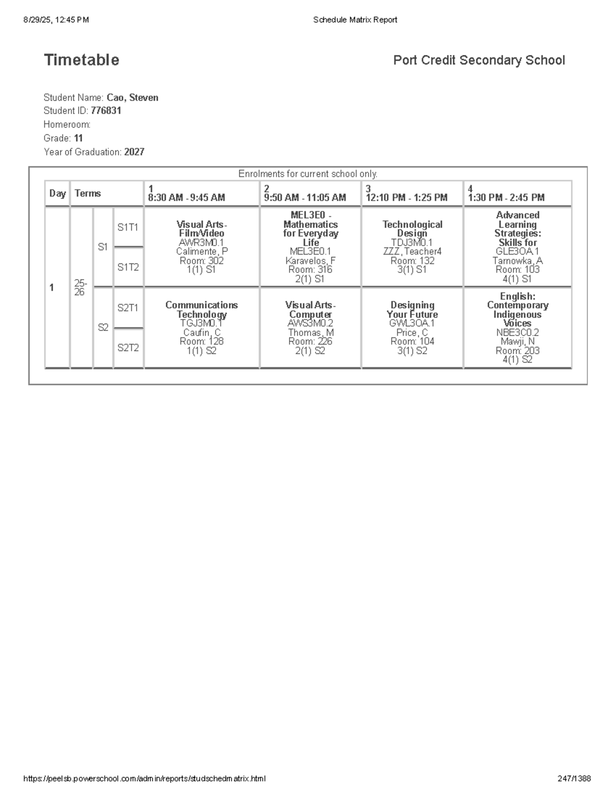 Grade 11 Timetable Report for Steven Cao (ID: 776831) - Studocu