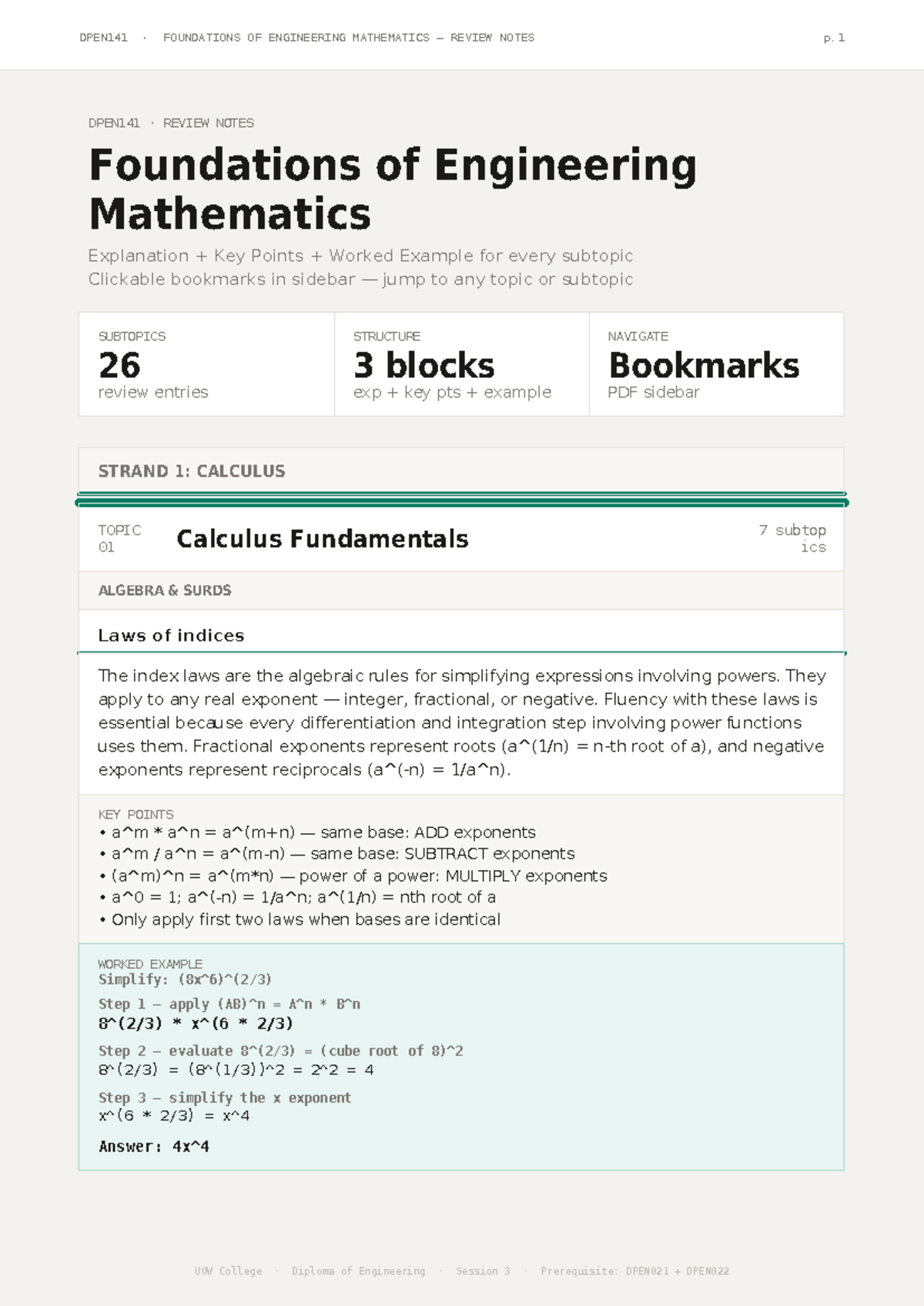 DPEN141 FOUNDATIONS OF ENGINEERING MATHEMATICS REVIEW NOTES SUMMARY ...