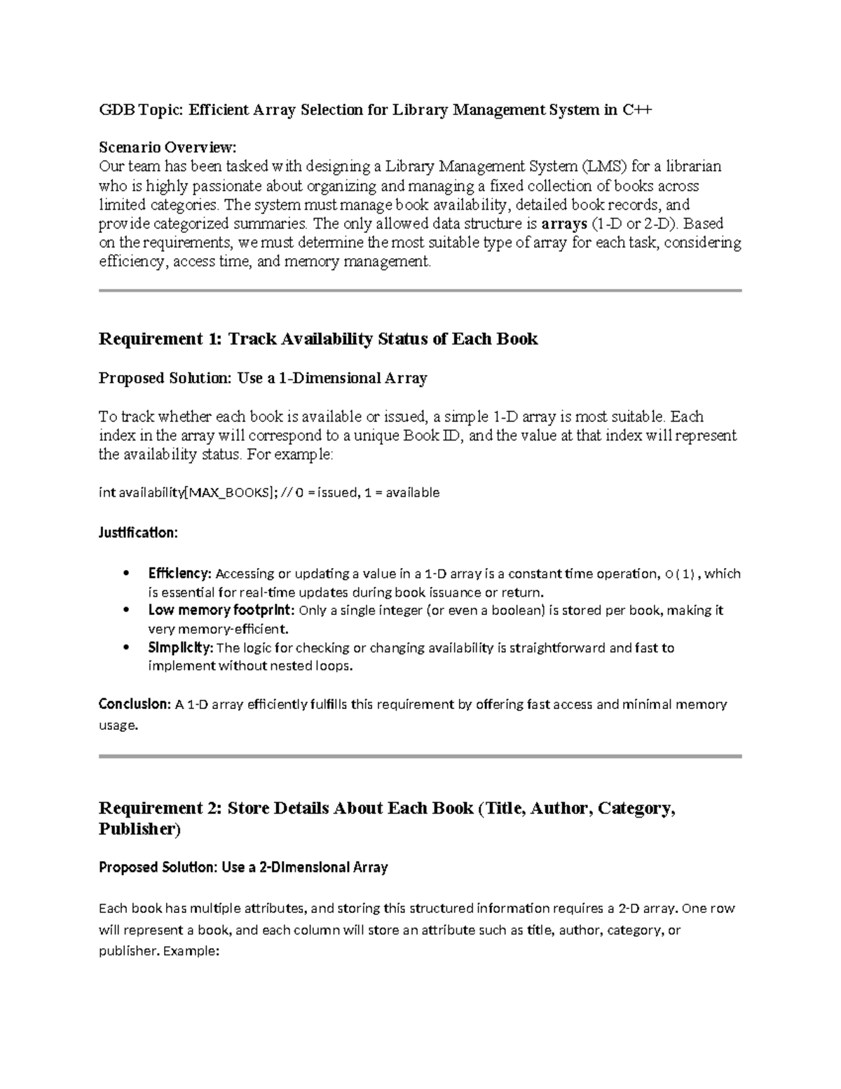 GDB 1 CS201: Efficient Array Selection for Library Management System - Studocu