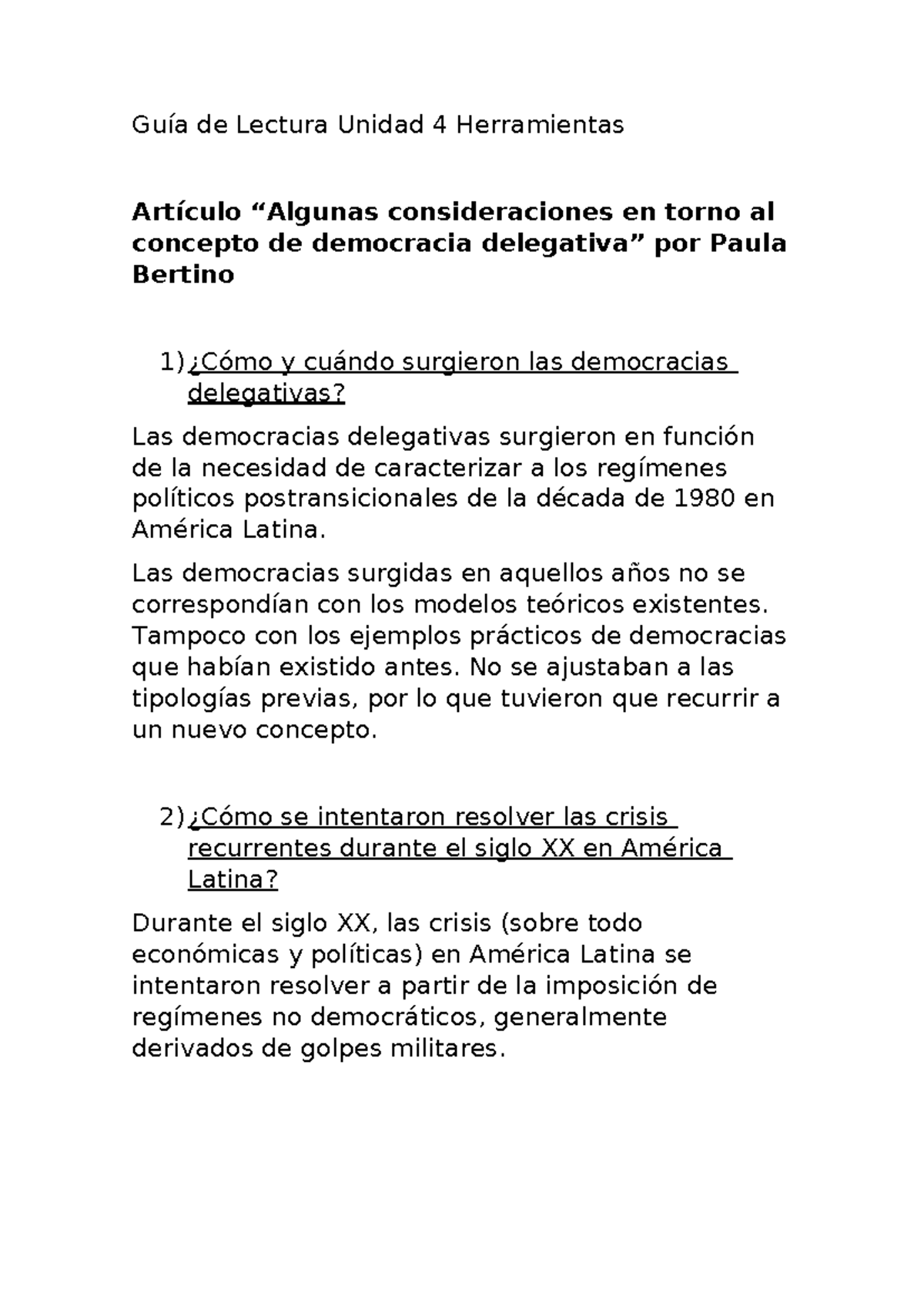 Guía de Lectura Unidad 4: Democracias Delegativas en América Latina ...