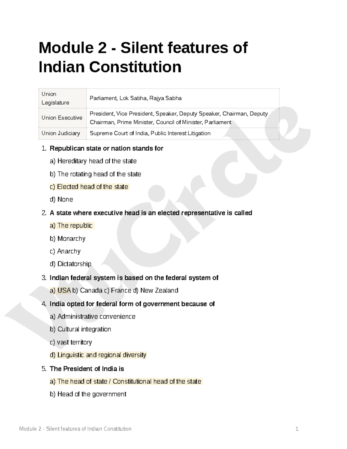 Bicok 107-207 Module 2 MCQs on Indian Constitution Features - Studocu