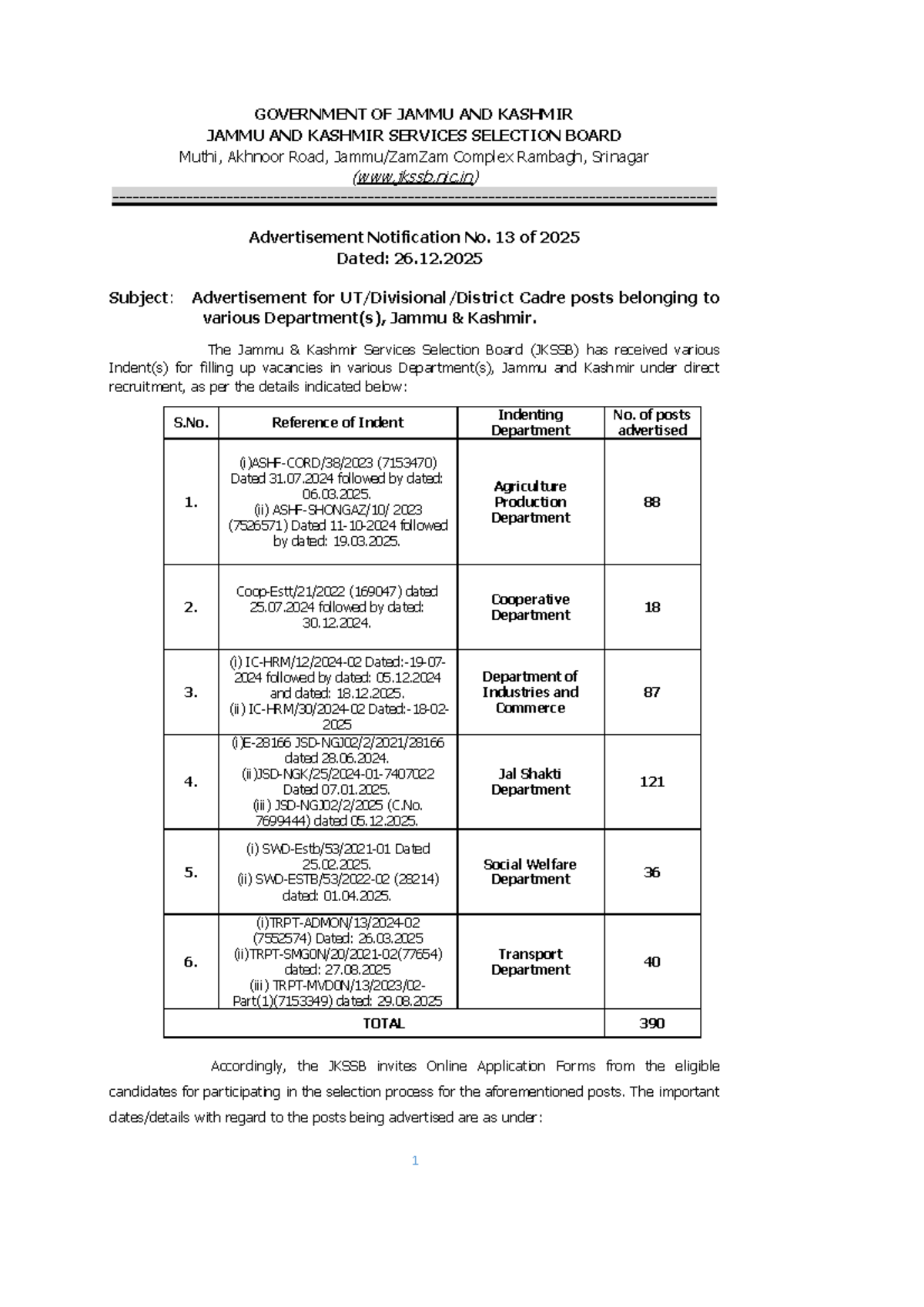 JKSSB Notification No. 13 of 2025: Cadre Posts Advertisement - Studocu