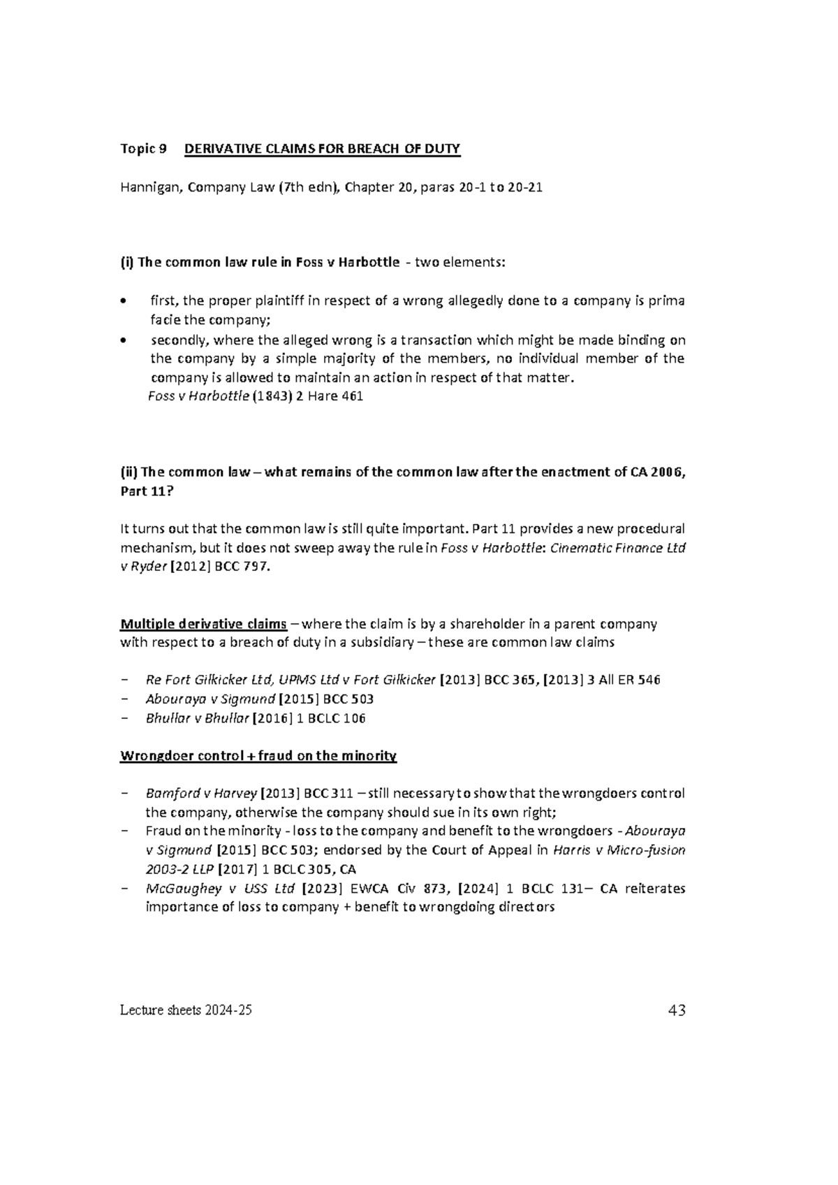L9 - Derivative Claims: Tutorial for Lecture on Company Law - Studocu