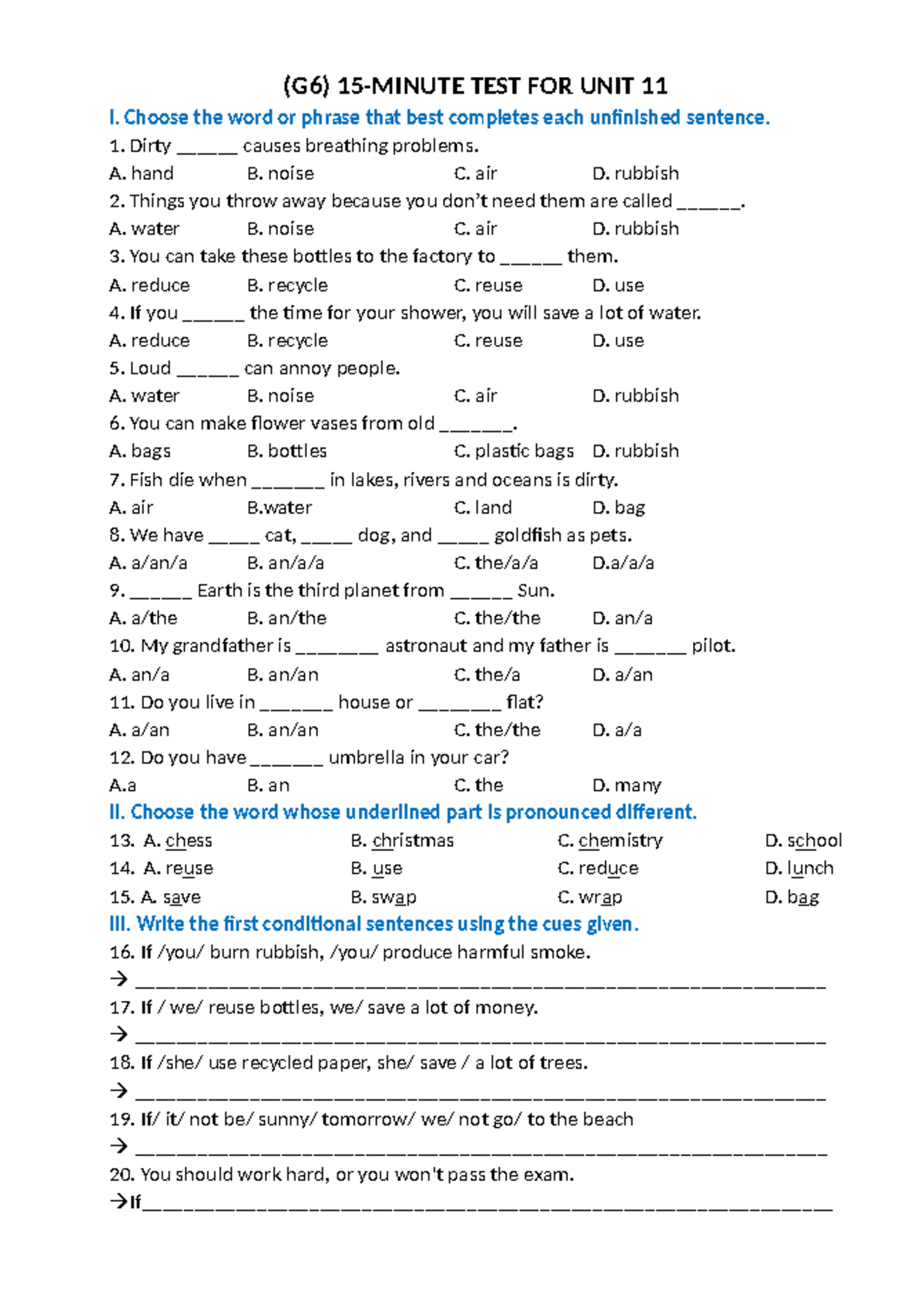 (G6) TEST FOR UNIT 11 - Complete the Sentences and Pronunciation - Studocu