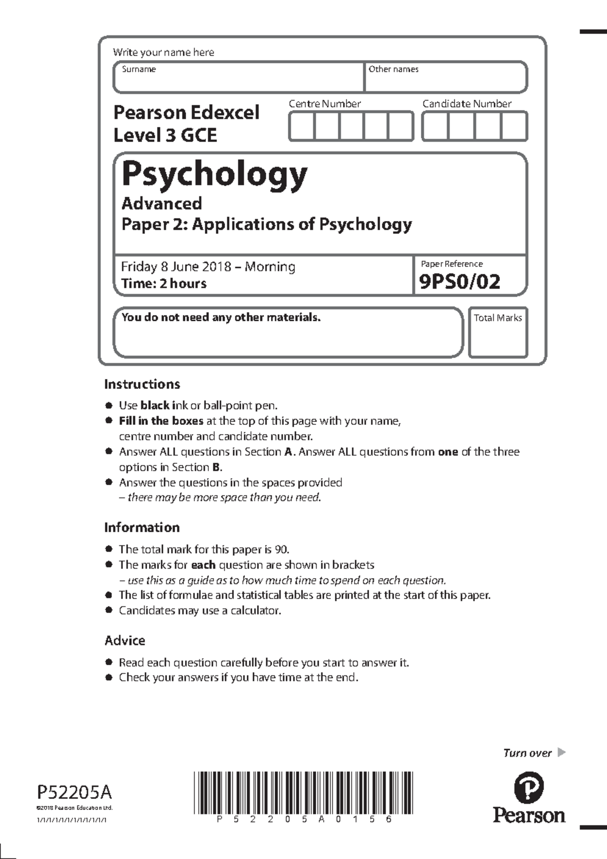 Psychology A-Level Paper 2: Applications of Psychology - June 2018 ...
