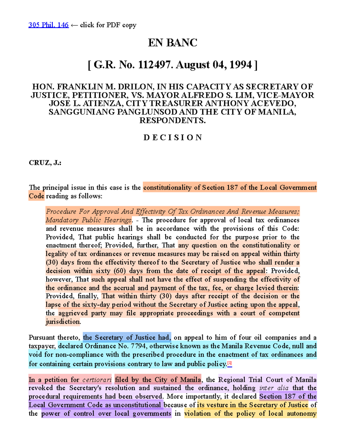 305 Phil. 146: Drilon vs. Lim - Local Government Autonomy Case Study ...