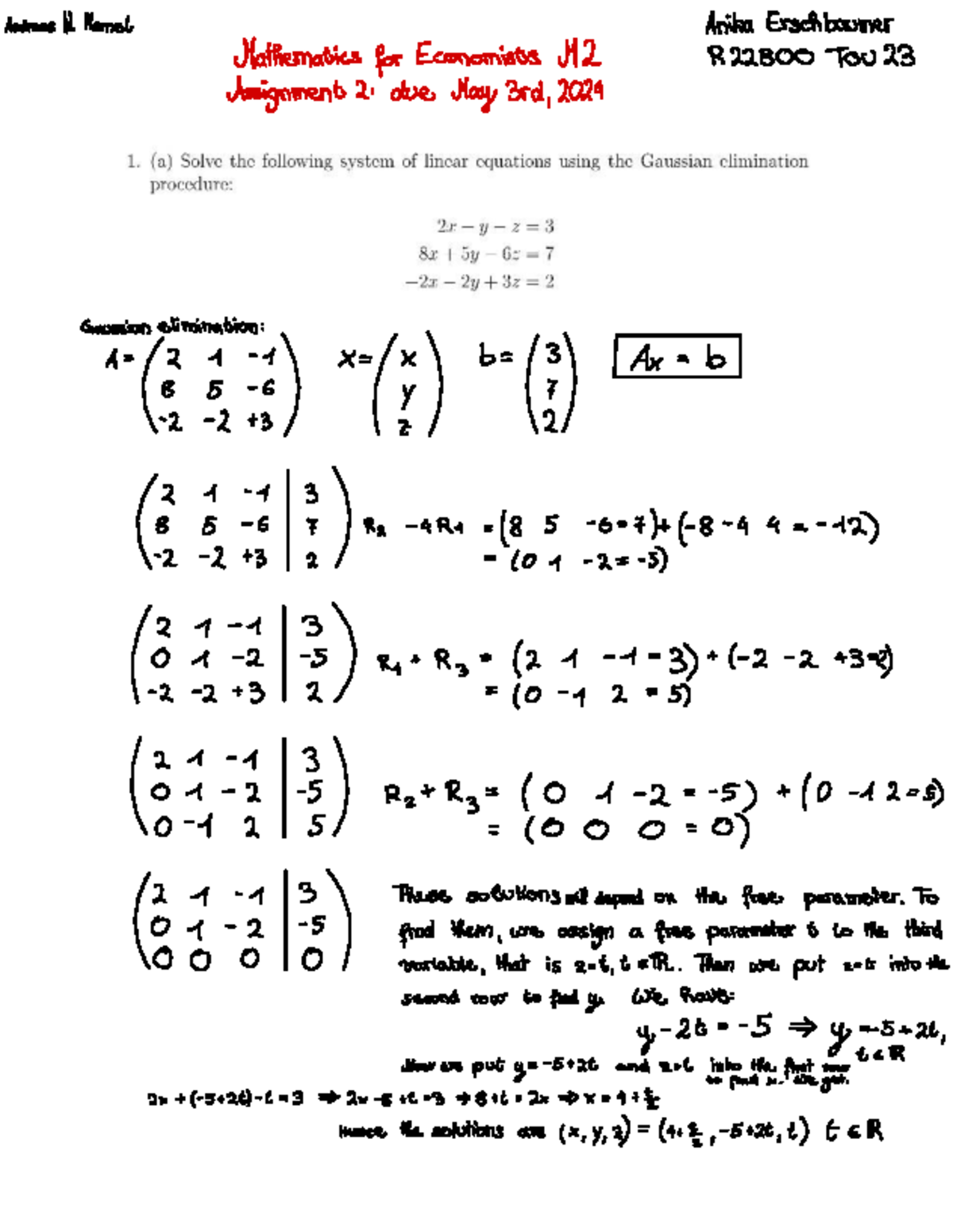Mathematics for Economists M2 Assignment 2 Notes - Gaussian Elimination ...