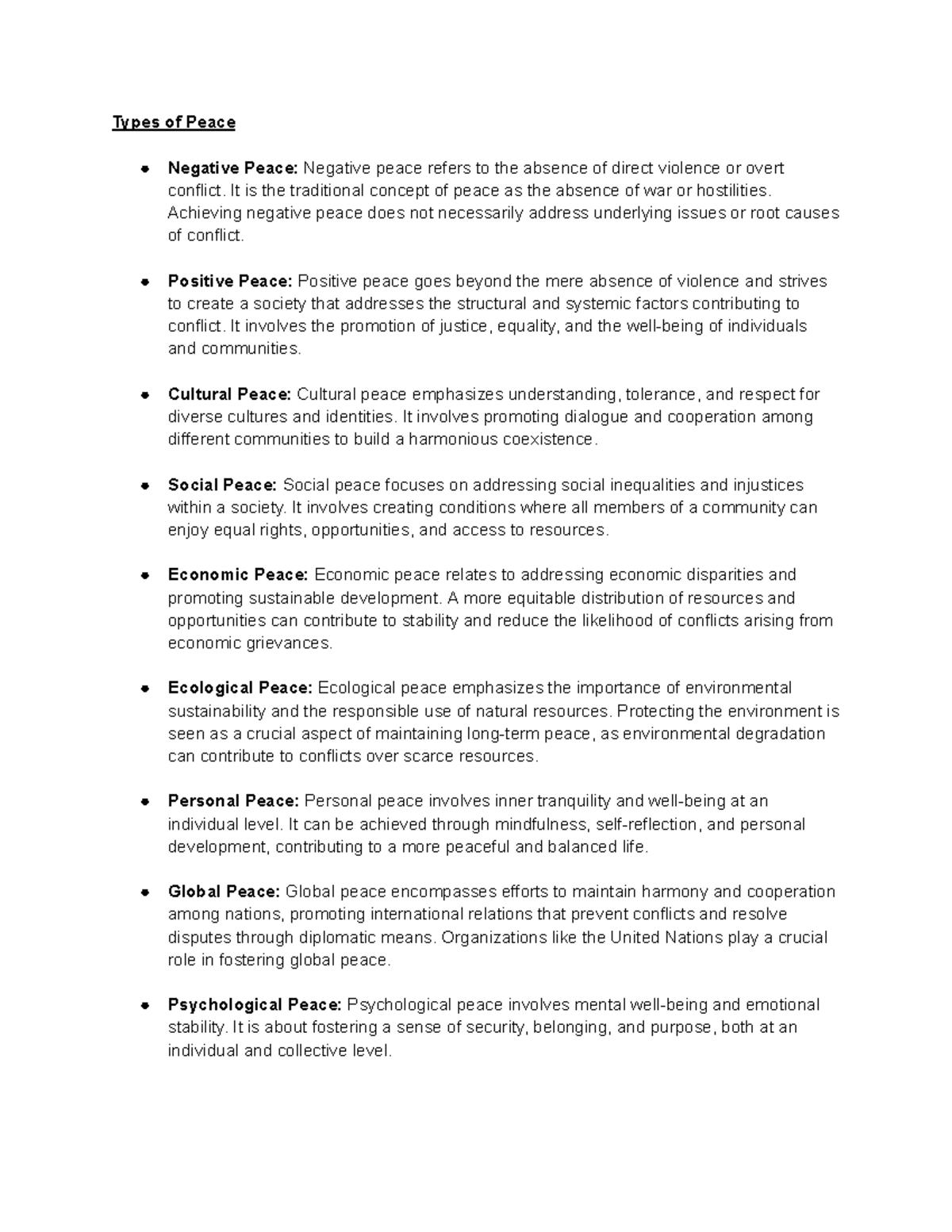 Peace Ed 1trinal - Types of Peace Negative Peace: Negative peace refers ...