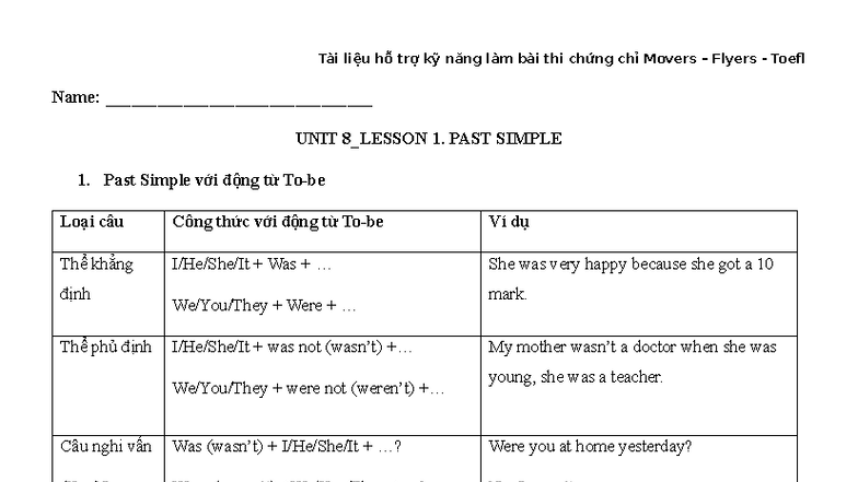 Tài liệu hỗ trợ kỹ năng Past Simple - Movers - Flyers - Toefl - Studocu